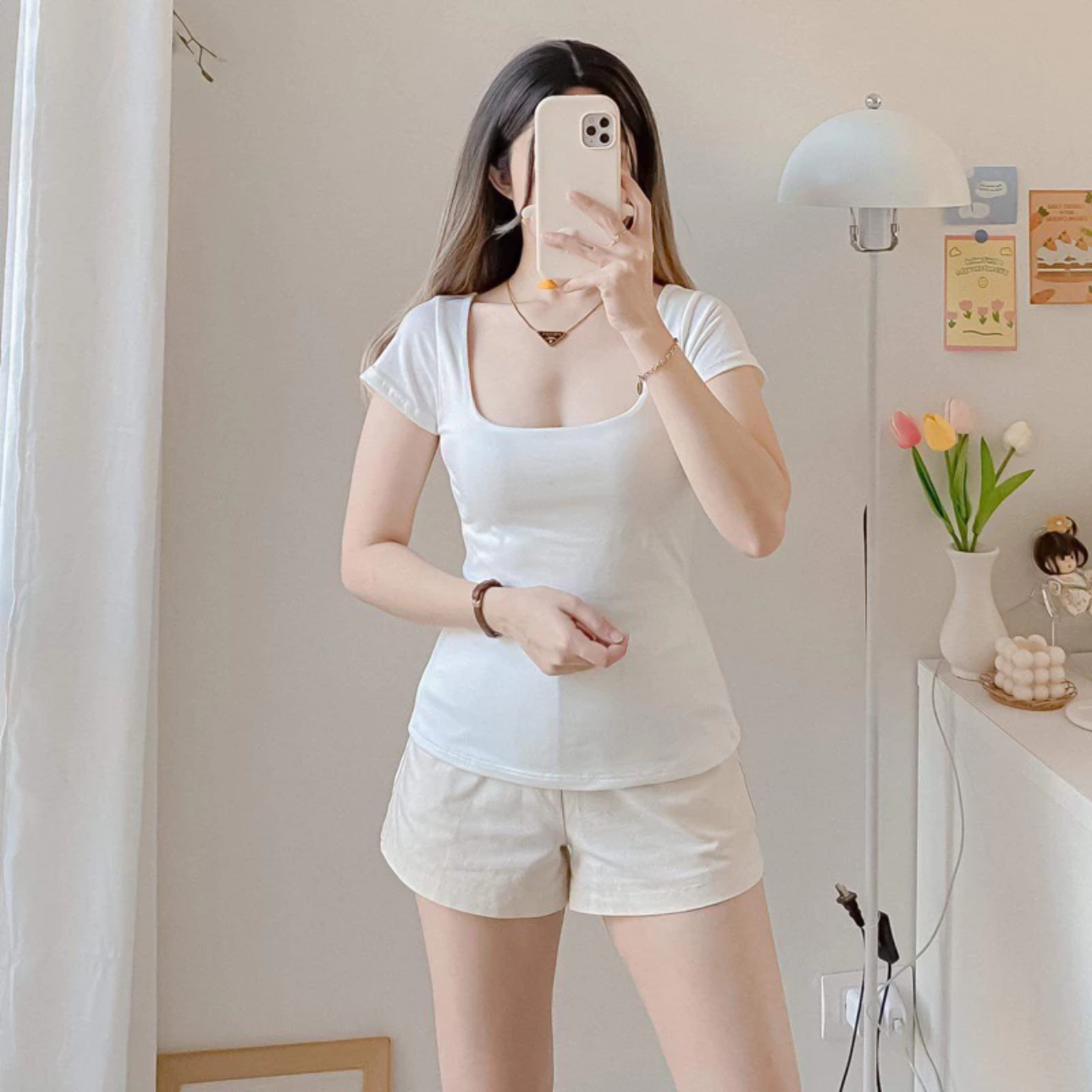 Angelcity Double Lining Top Square Neck Full Length Basic T Shirts ...