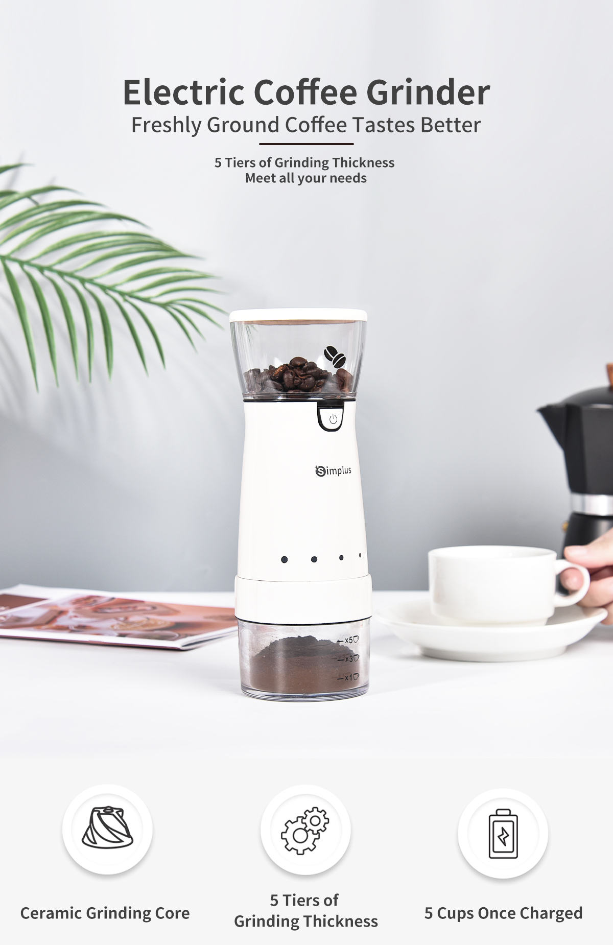 Simplus Electric Coffee Grinder USB Portable Wireless Coffee Bean ...