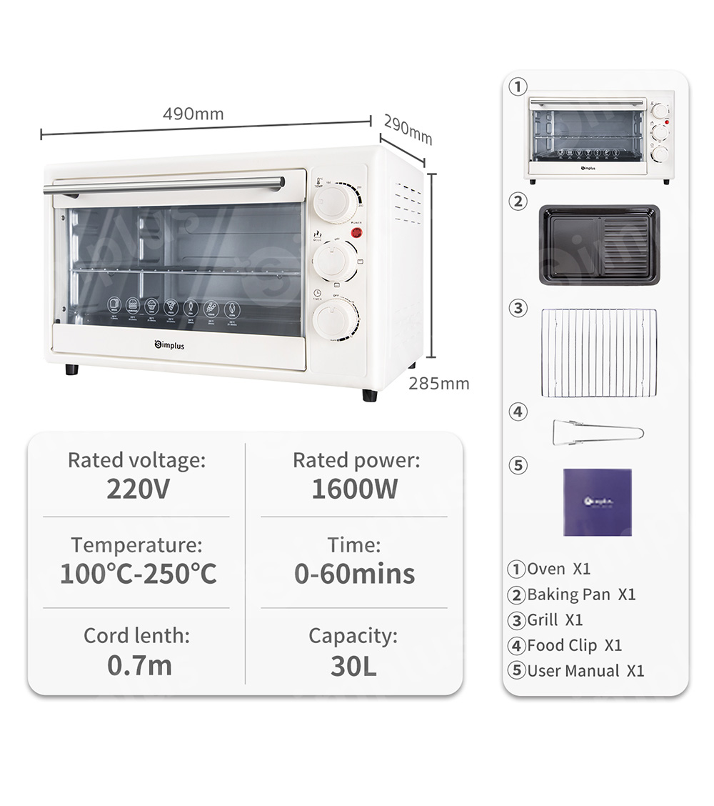 Simplus 30L Large Capacity Electric Oven 3 Knobs Design Bread Baking ...