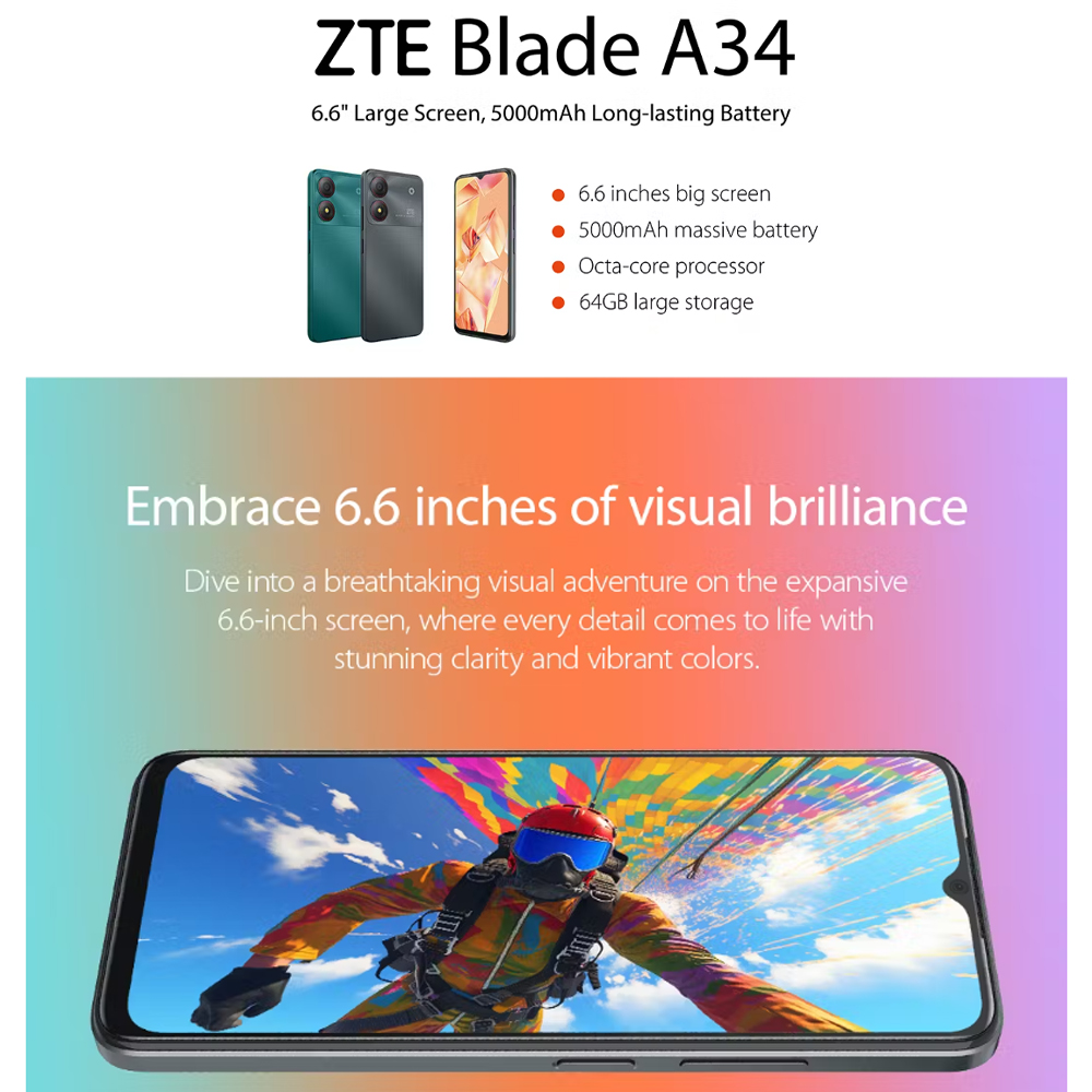 ZTE Blade A34 | 2GB/4GB+64GB | Octa-core Processor | 6.6” HD+ IPS LCD ...