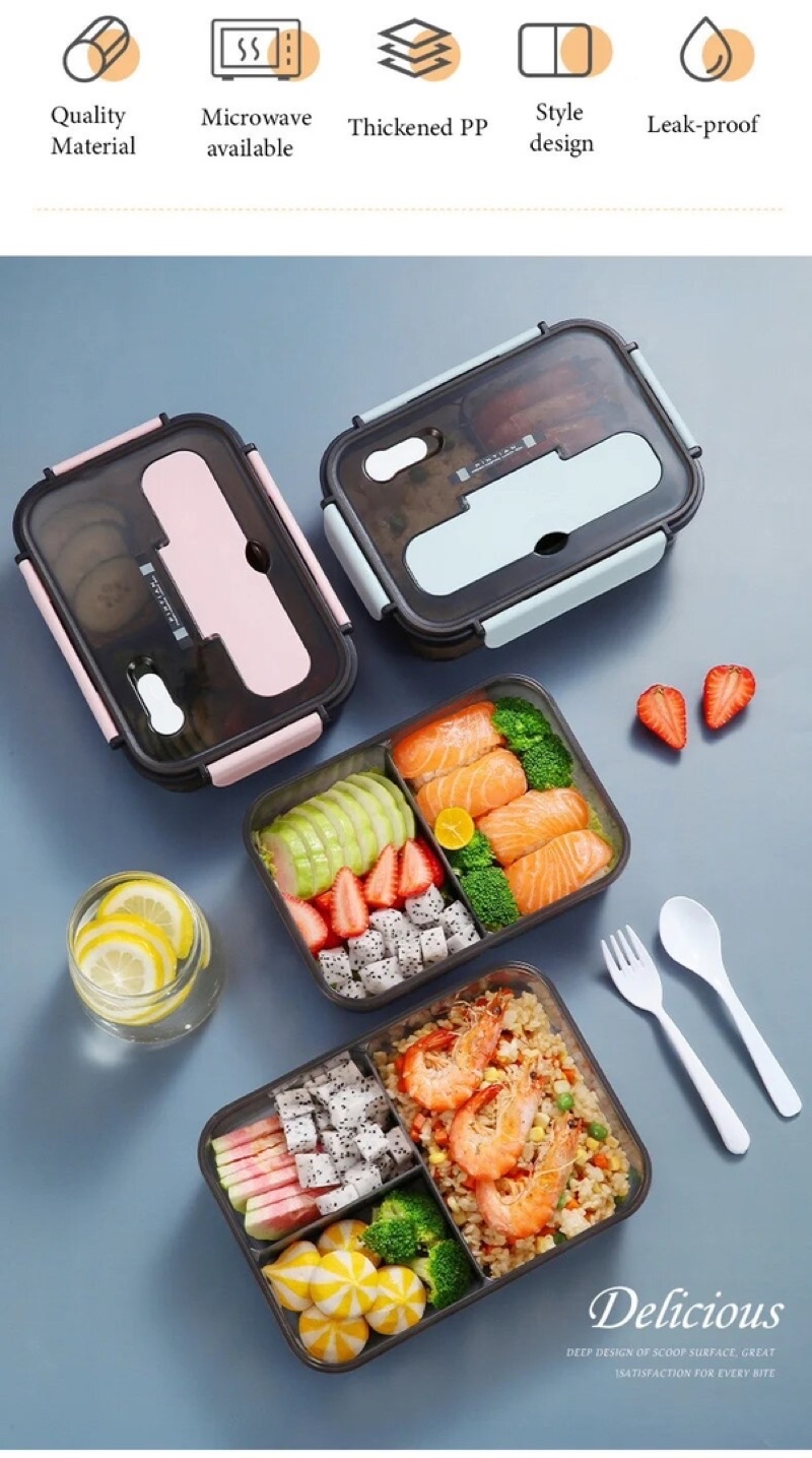 Lunch Box Microwaveable with Fork & Spoon 3 Grid Student lunchbox | Shopee Philippines