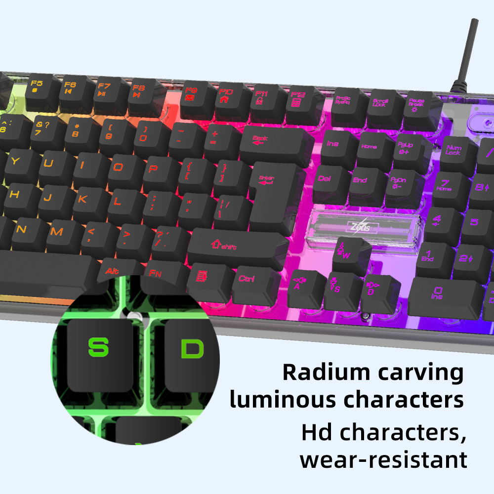Zeus Transparent Cover Rainbow Backlit Backlight Gaming Keyboard With ...