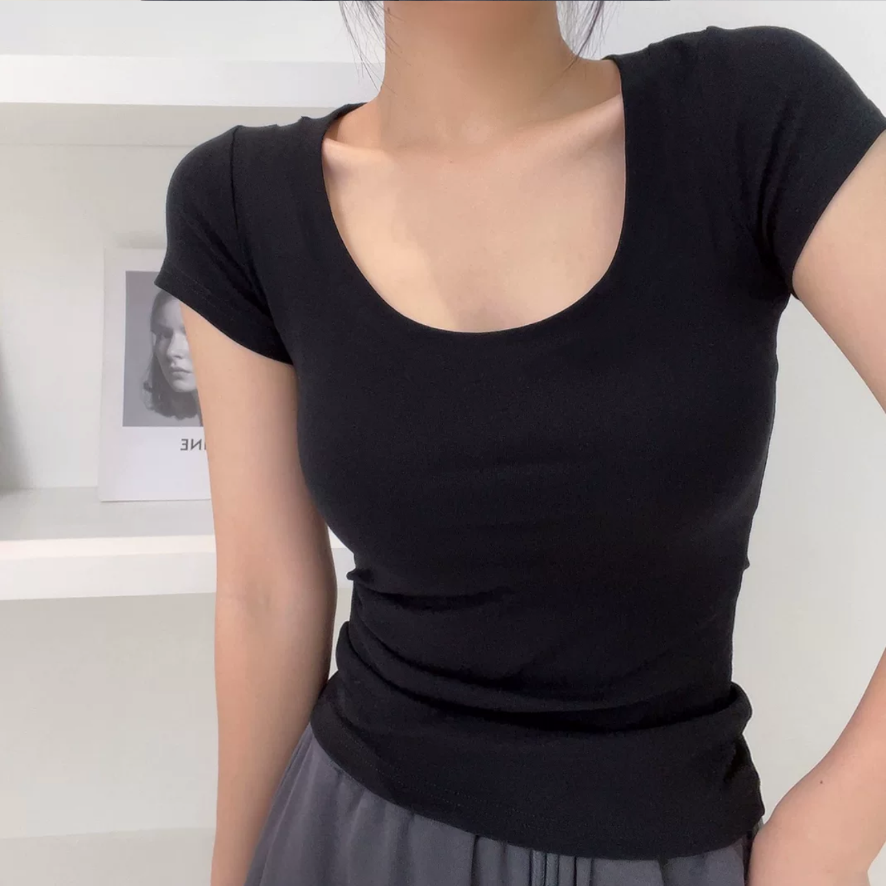 Angelcity U Neck Tops Double Lining For Women Short Sleeve Tee Korean ...