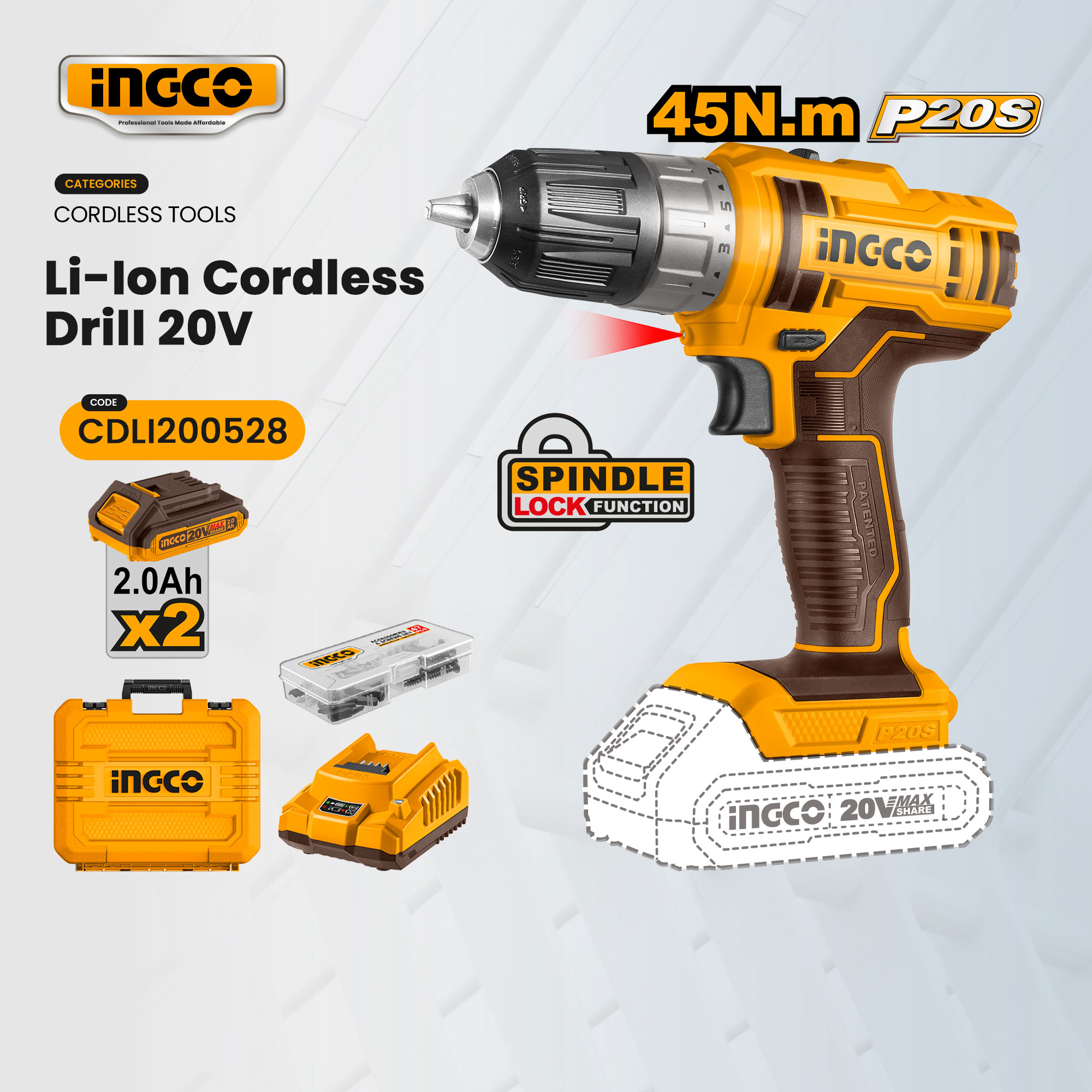 Ingco 2pcs Combo Kit Set 20V Cordless Drill w/ Coffee Grinder COSLI23064 / Drill Set CDLI200528 ...