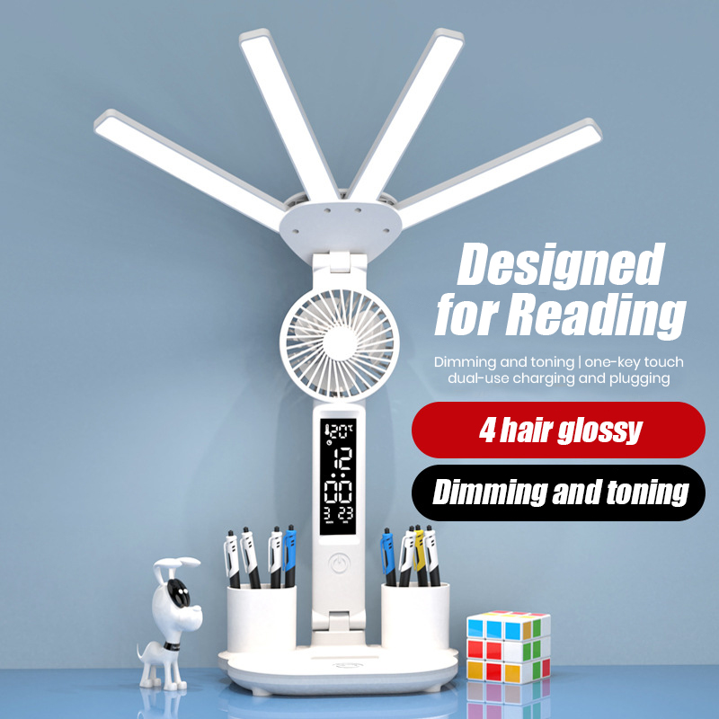 3color LED Multifunctional Fan desk lamp with fan clock USB dual head ...