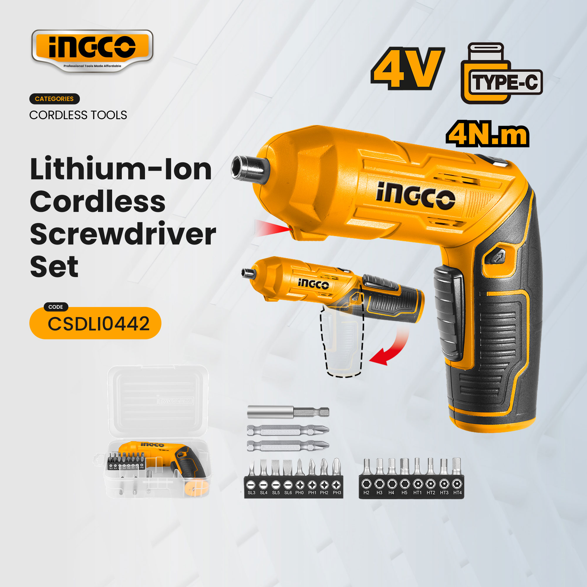 Ingco Lithium-Ion Cordless Screwdriver Set 4V / 8V with Handheld with ...