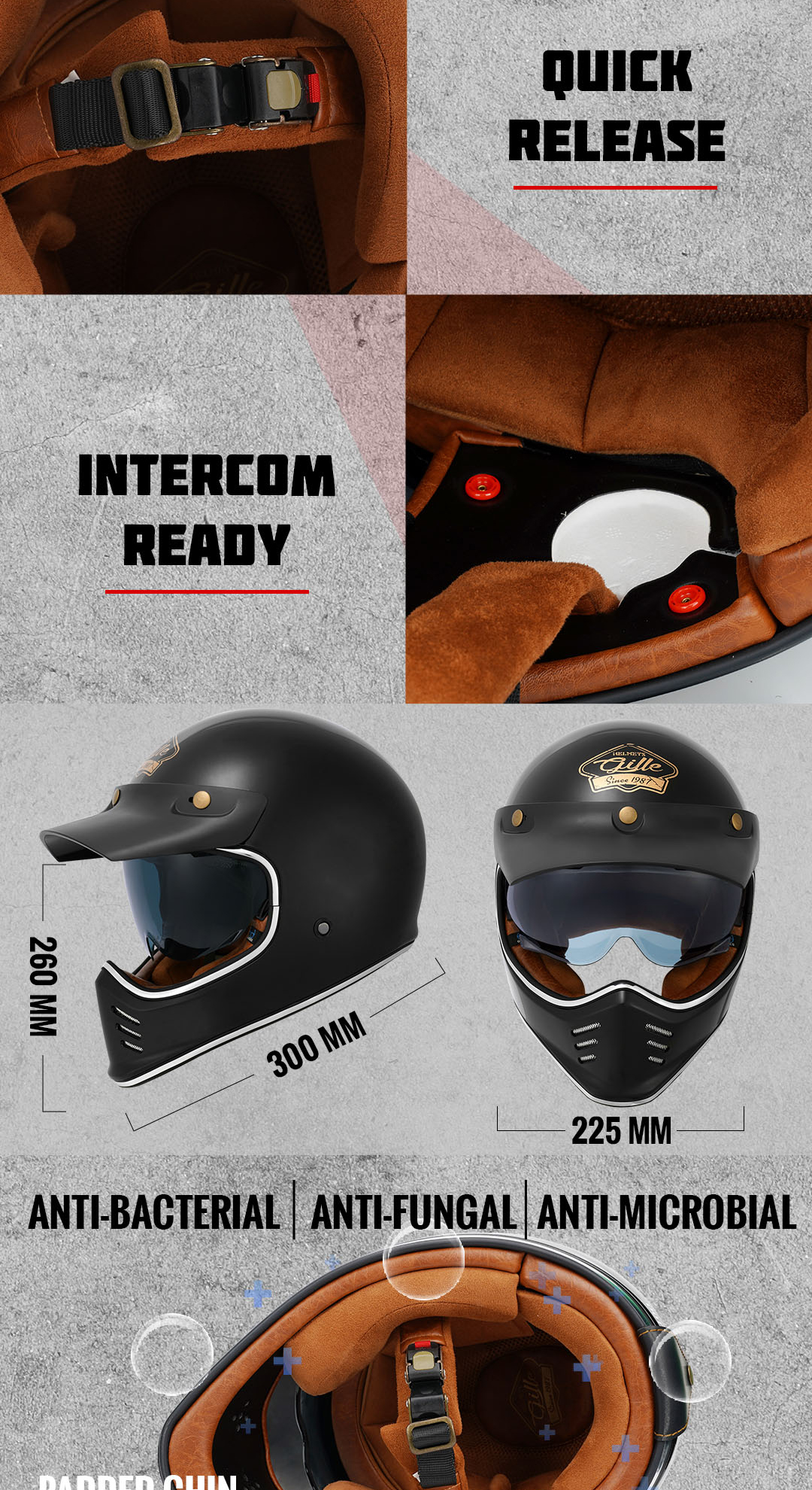 Gille Helmet 833 CLASSIC Plain Retro Motorcycle Helmet Full Face Dual ...