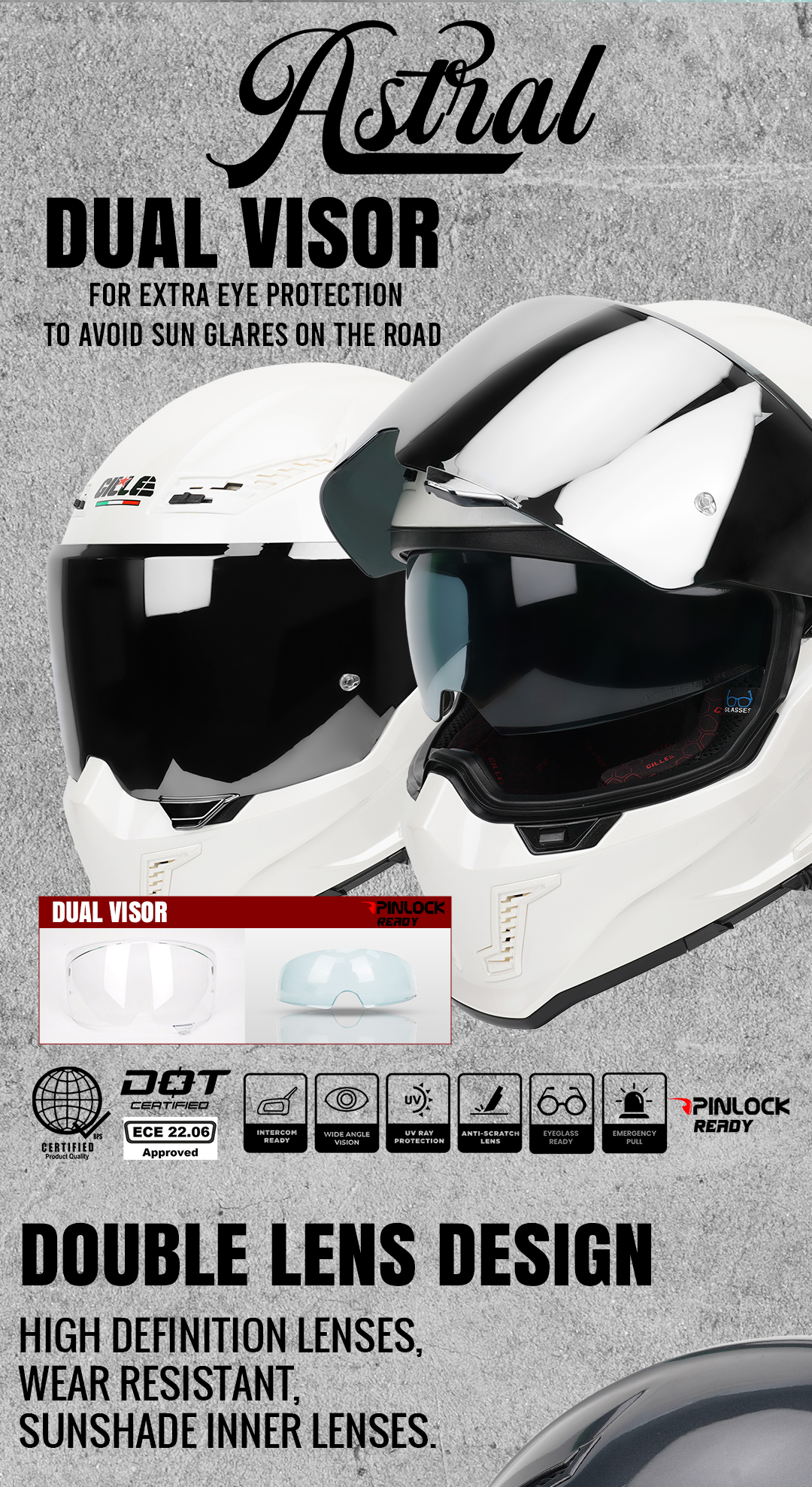 GILLE ASTRAL Plain Color Motorcycle Helmet Full Face Dual Visor With ...