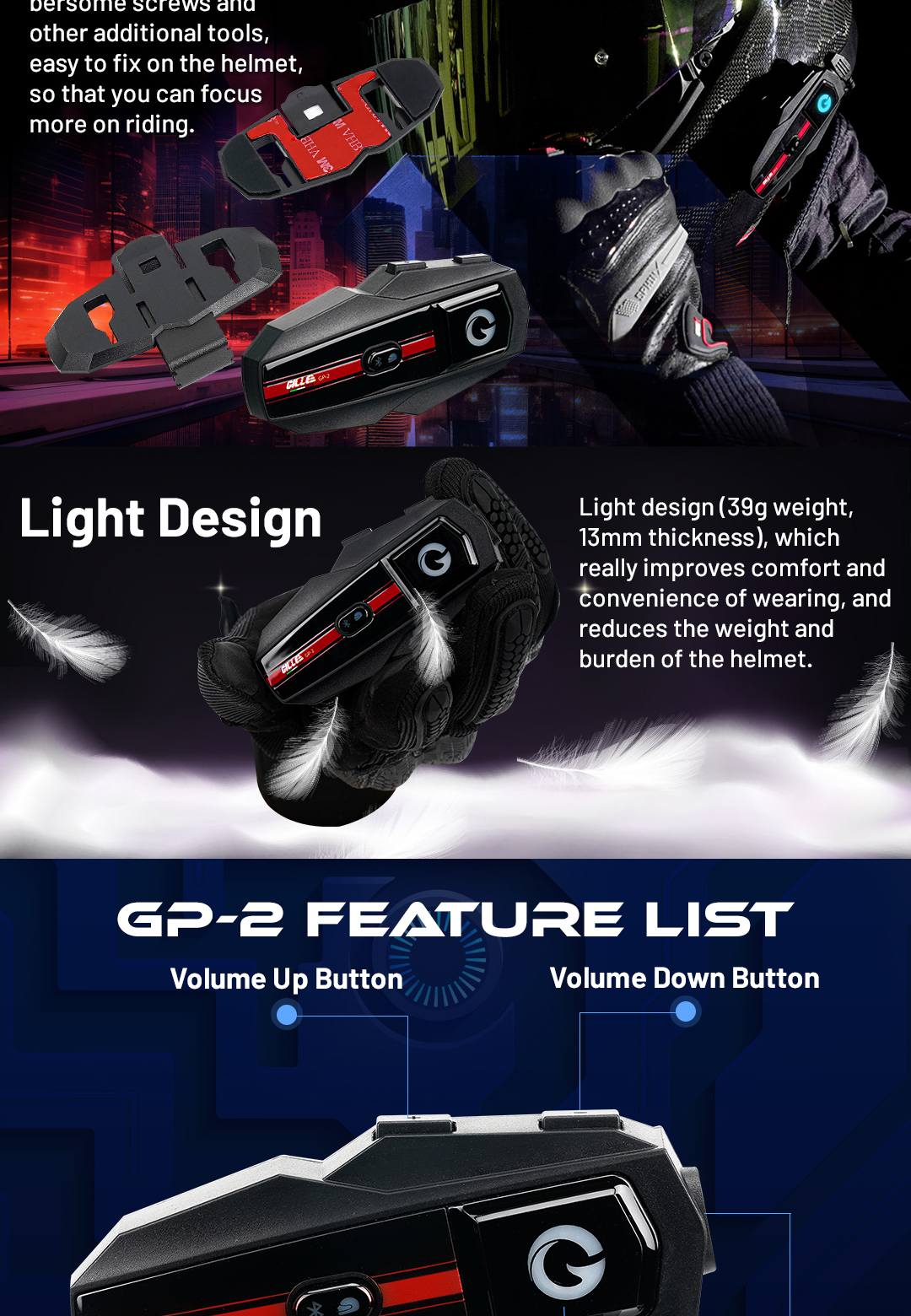 GILLE GP2 Bluetooth 5.3 2-Way Intercom For Motorcycle Helmet HIFI Sound ...