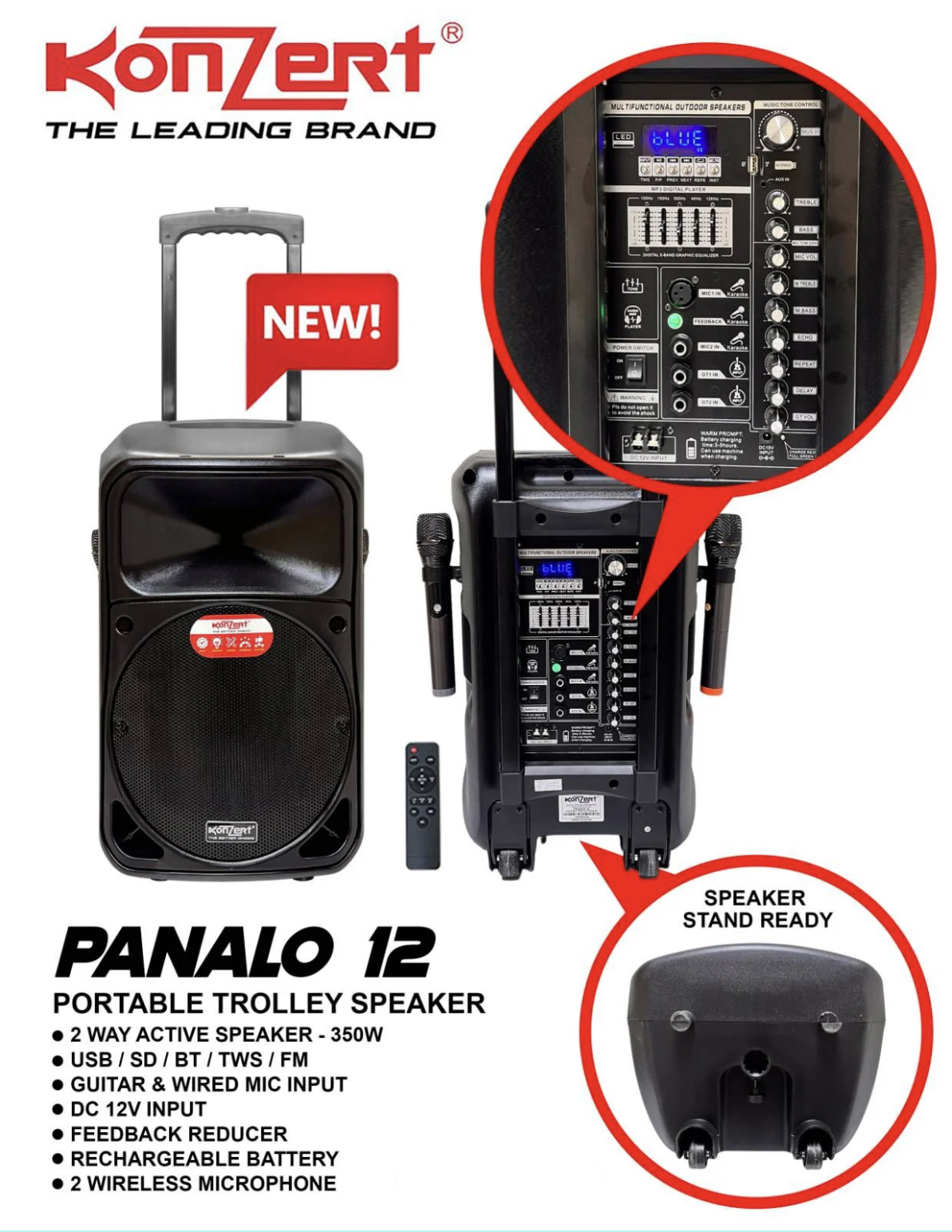 Konzert by Winland 12 Inch PANALO 12 Portable Trolley Speaker 350W w/ USB/SD/BT & 2 Wireless Mic ...