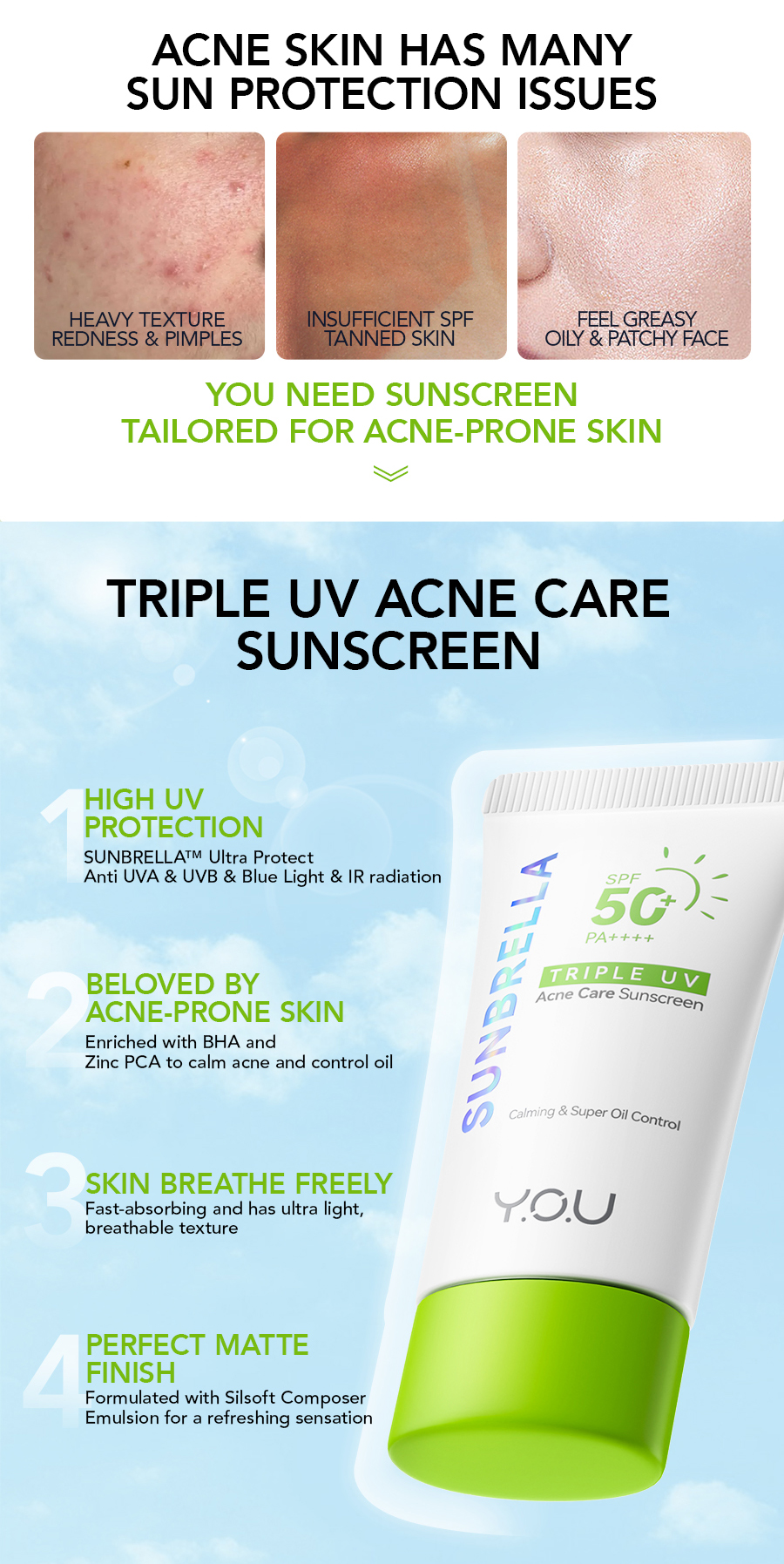 Y.O.U Sunbrella Triple UV Acne Care Sunscreen SPF50+ PA++++ | Triple ...