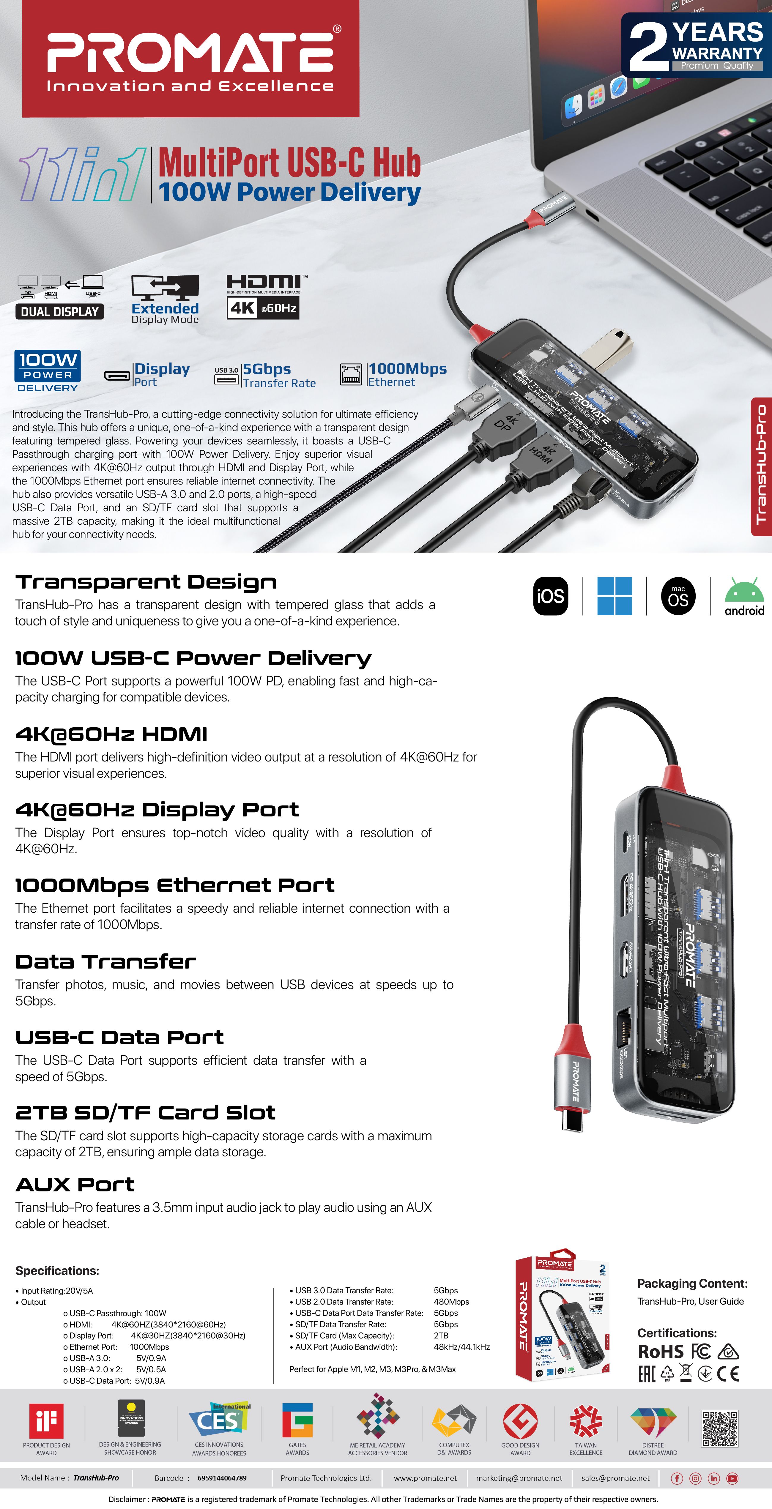 Promate Transhub-Pro 11 in 1 MultiPort USB-C Hub 100W Power Delivery ...