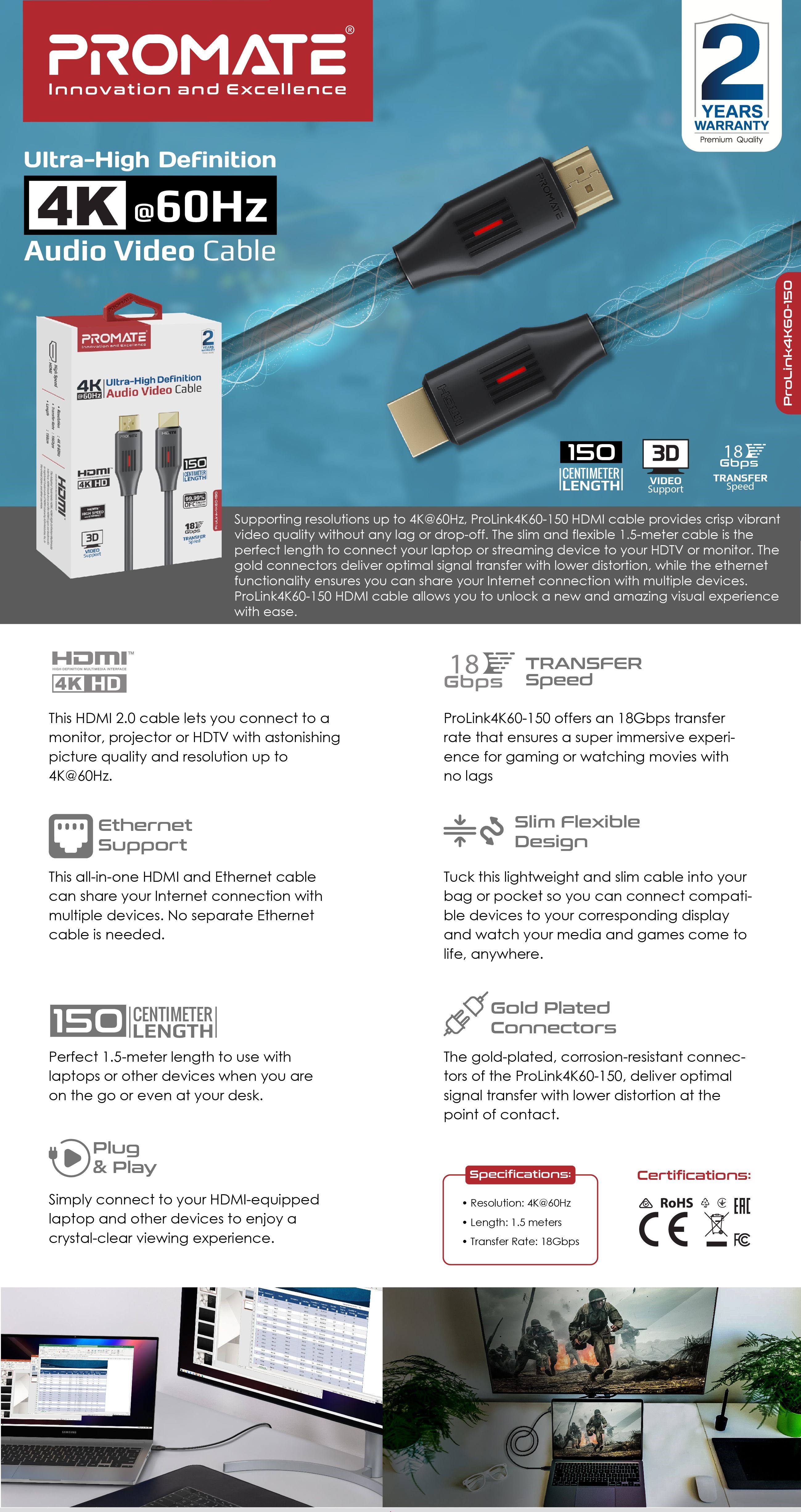 PROMATE PROLINK4K60-150 Ultra-High Definition 4K@60Hz HDMI Audio Video ...