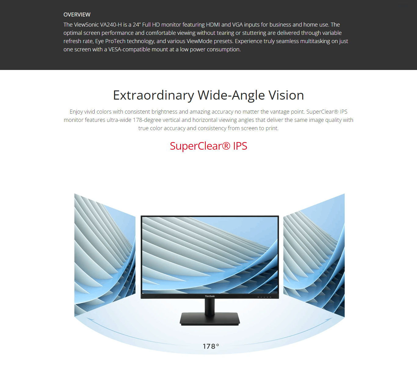 ViewSonic VA240-H 24" FHD 100Hz 1ms IPS Panel Technology Blue Light ...