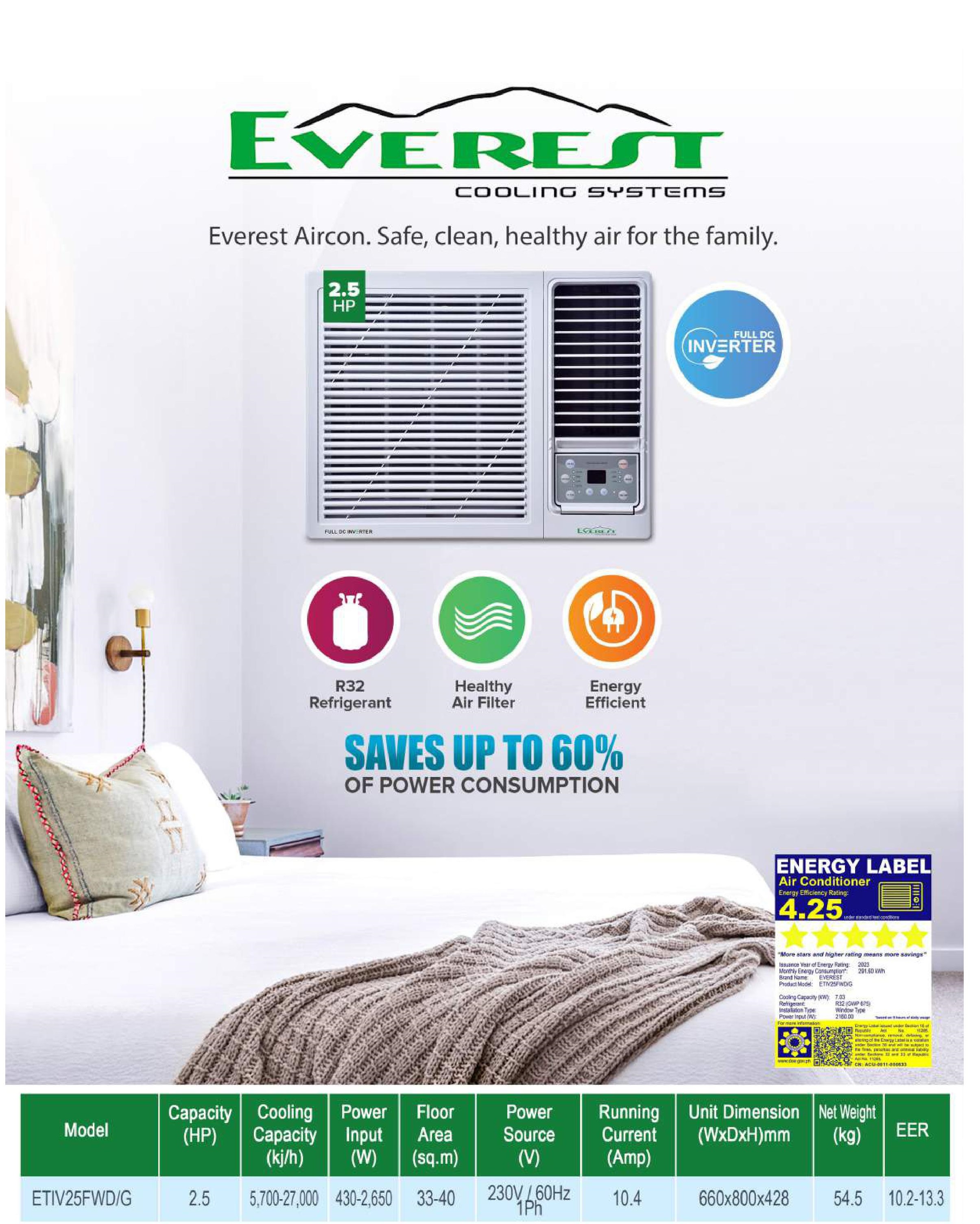 EVEREST 2.5HP Inverter Window Type Aircon/ Full Dc/ Compact Design ...