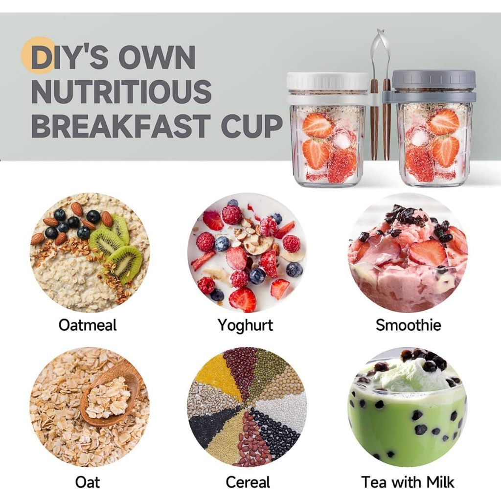 350ml Reusable Overnight Oats Jars with Spoon Airtight Oatmeal Cup Container with Measurement ...