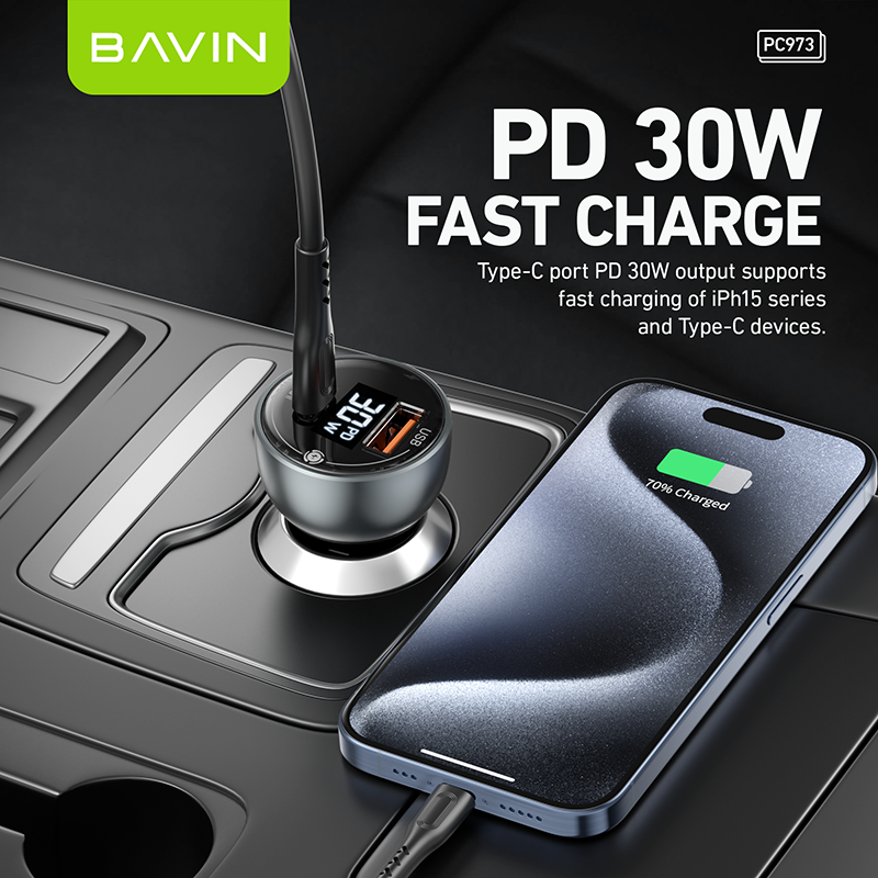 BAVIN PC973 30W PD Fast Charging Car Charger PD+QC3.0 USB Port Built-In ...