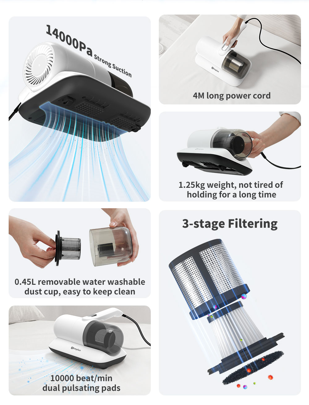Simplus Dust Mite Vacuum Cleaner For Bed and Sofa With 3-Stage ...