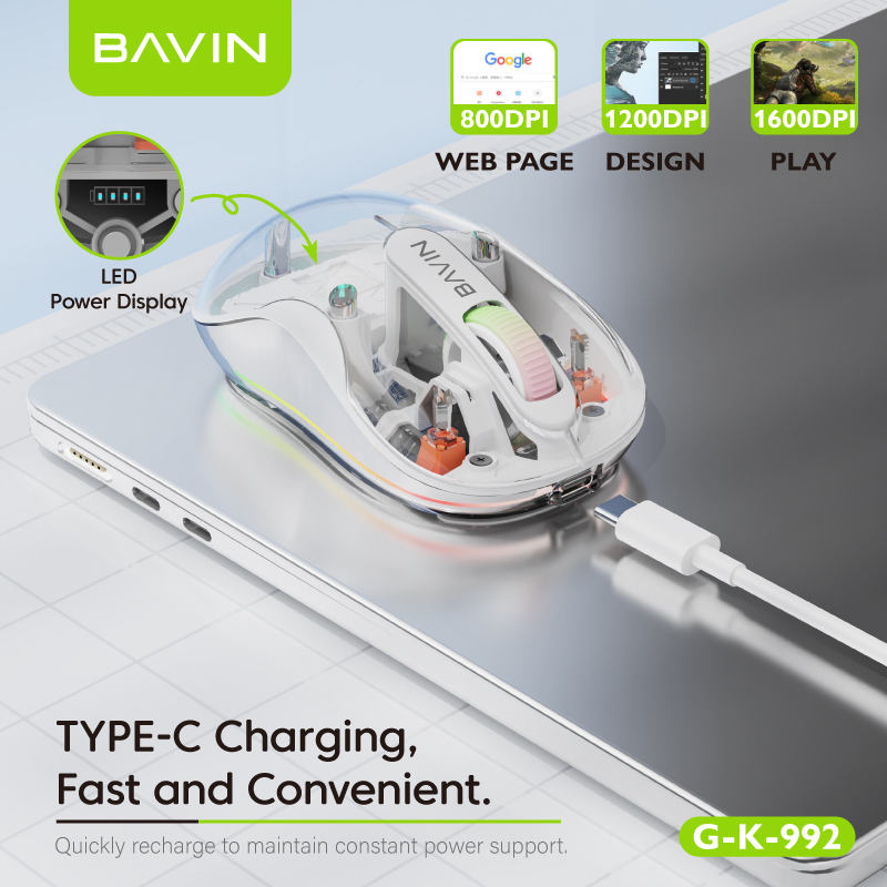 BAVIN K992 RGB Wireless Gaming Mouse w/ Translucent Magnetic Top Cover ...