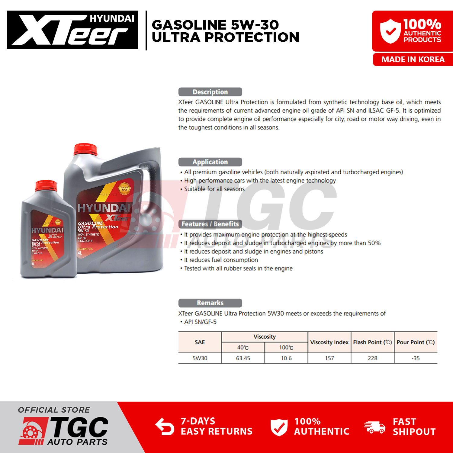 Xteer Gasoline Ultra Protoection 5W-30 API-SP Fully Synthetic Engine ...