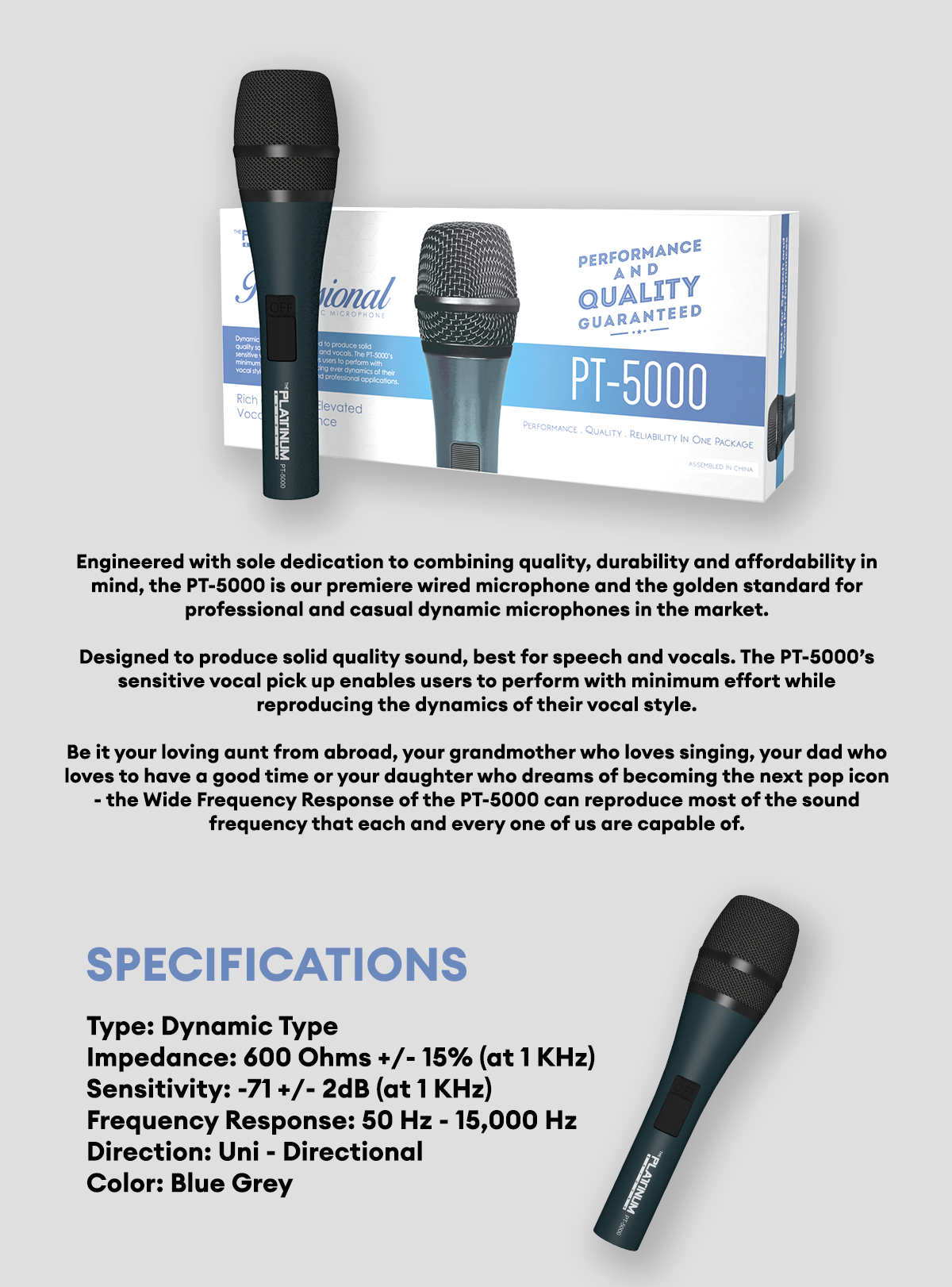 Platinum Karaoke PT-5000 Wired Microphone - Dark Steel Blue | Shopee Philippines