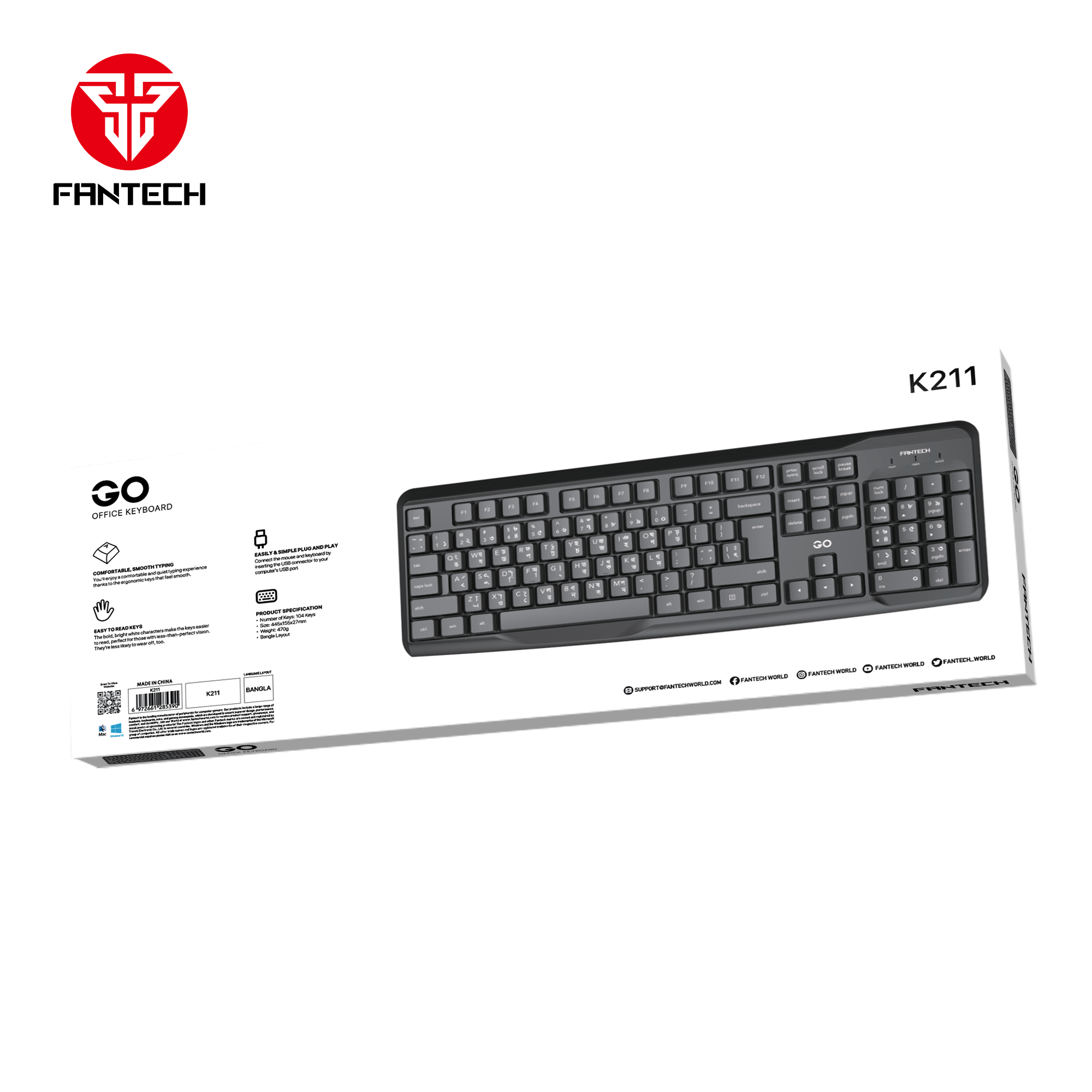 Fantech K211 GO Wired Office Keyboard with Comfortable Smooth Typing ...