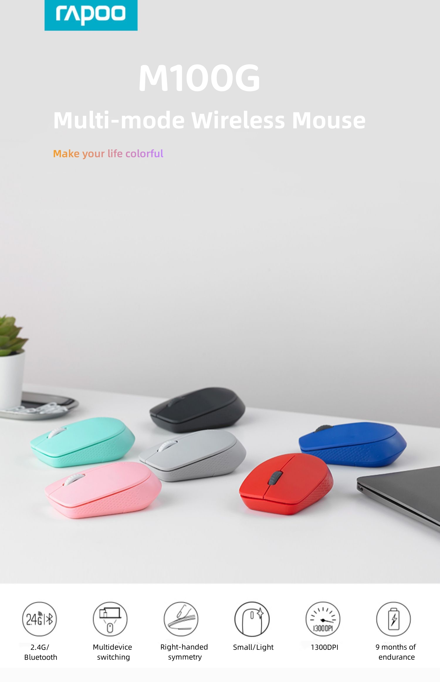 Rapoo M100G Colorful Wireless Mouse 2.4G 1300DPI Computer Office Silent ...
