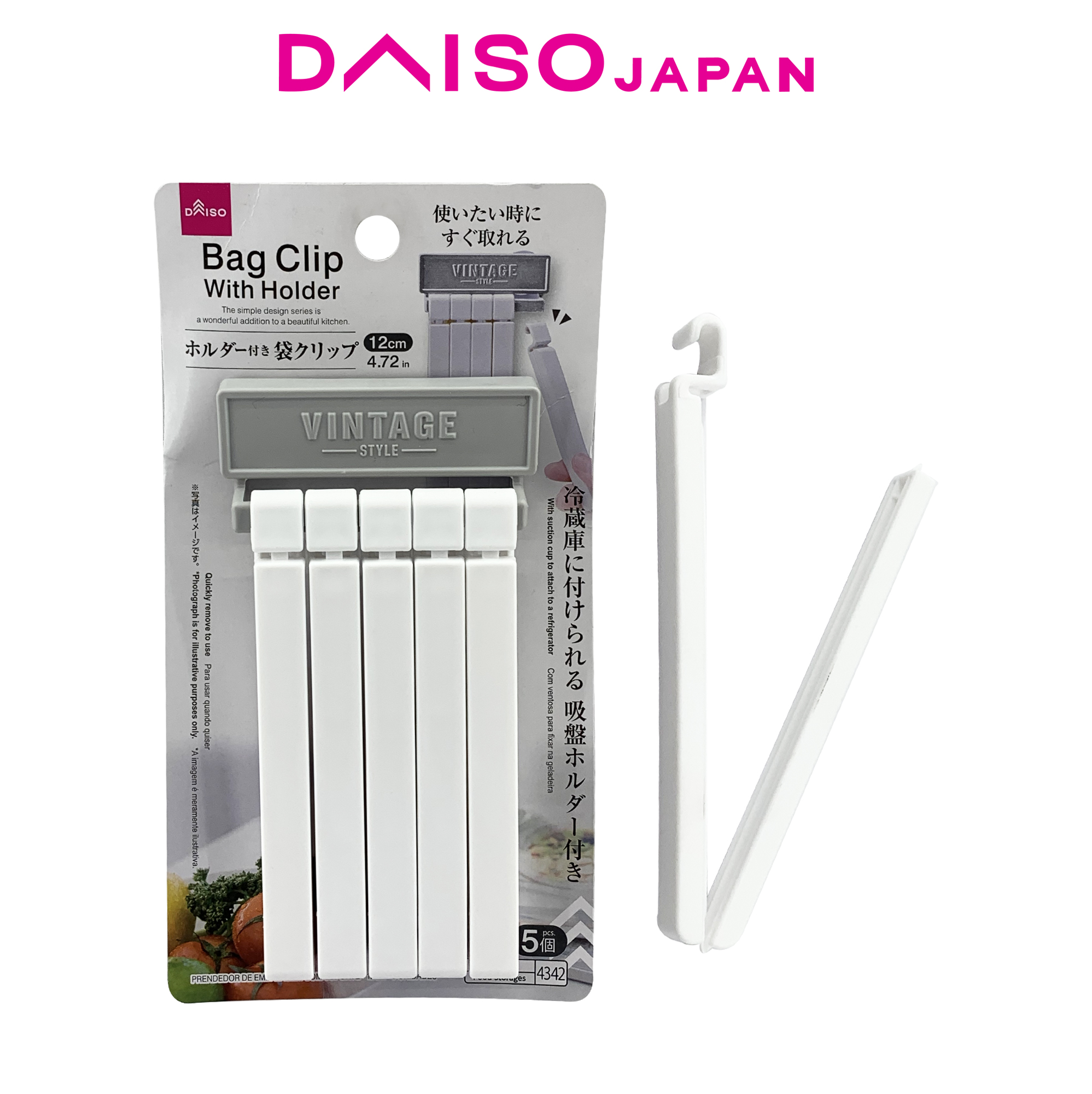 Daiso Food Bag Clips with Suction Holder (12cm, 5 pieces) | Shopee ...