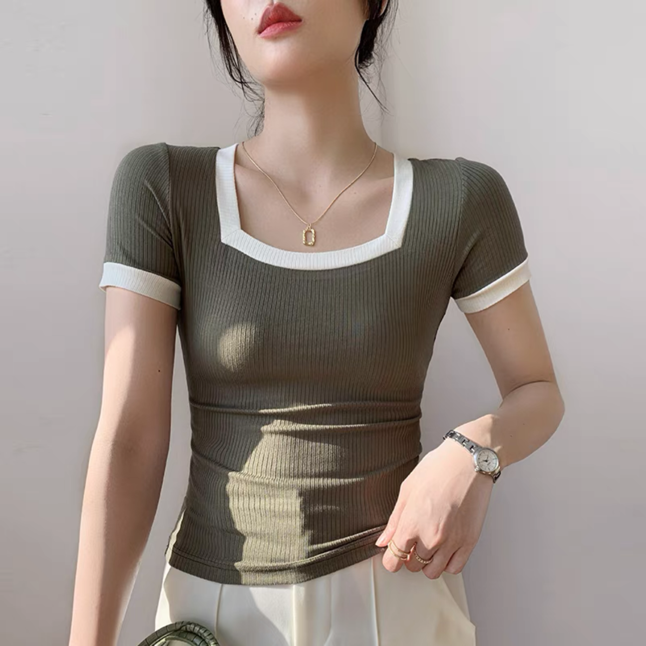 Angelcity Contrast Binding Square Neck Tee Full Length T Shirt For ...