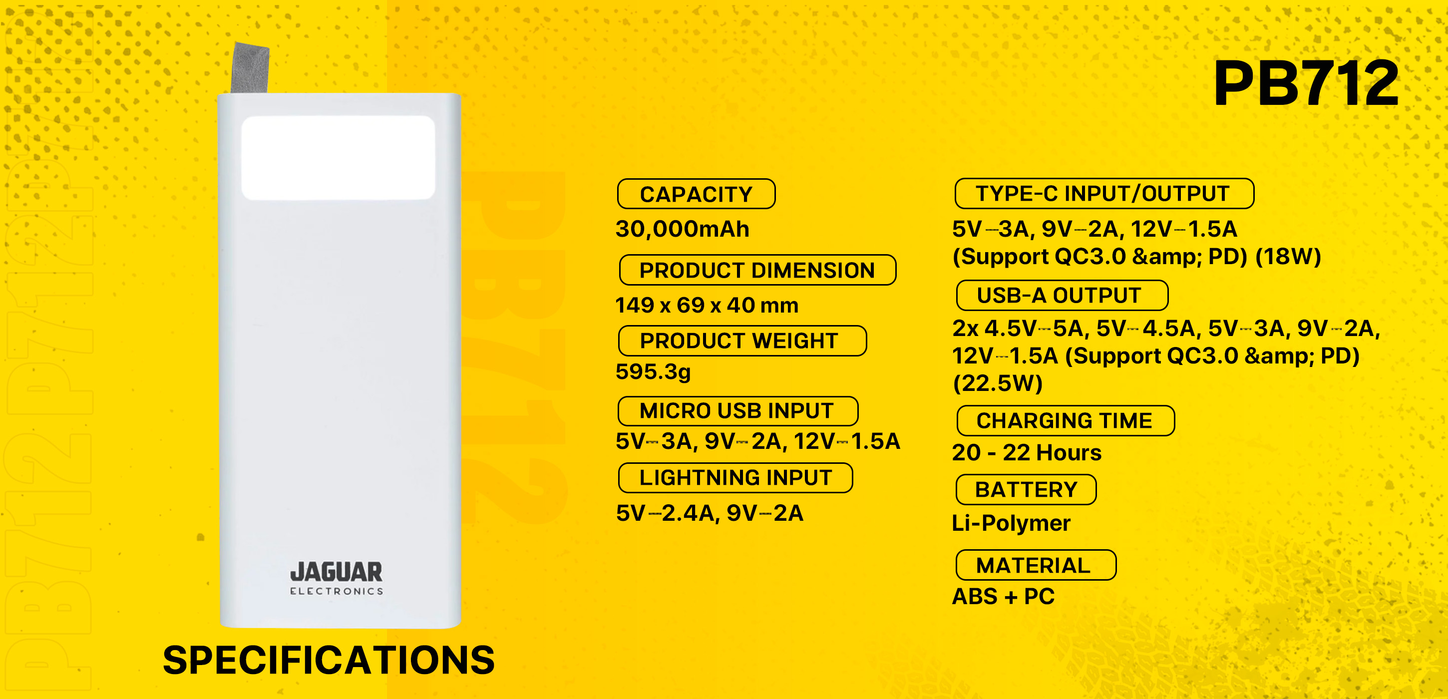 JAGUAR ELECTRONICS PB712-14 30000mAh Power Bank Digital Display 22.5W ...