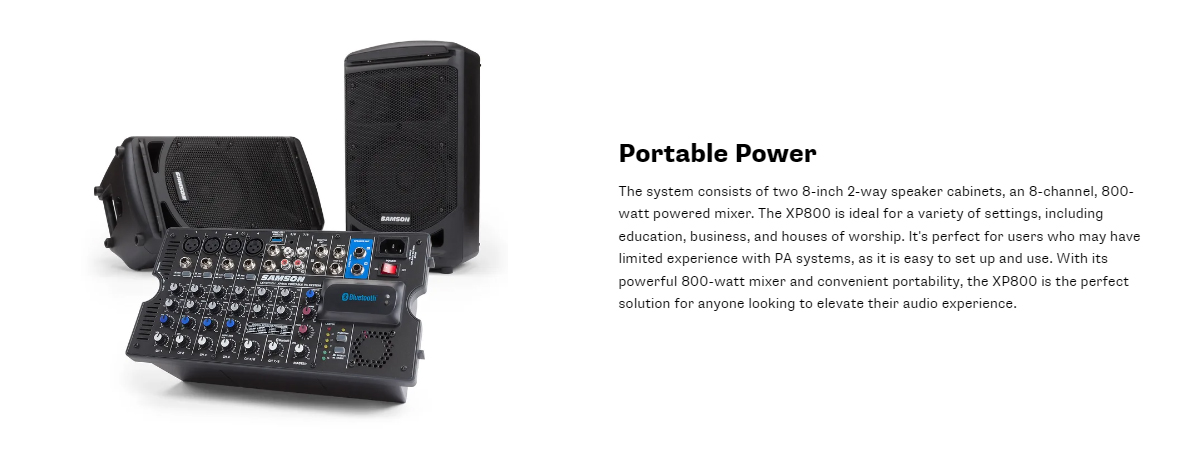 Samson Expedition XP800 All in One PA Speaker System with PAIR 8" 800W Powered Bluetooth ...