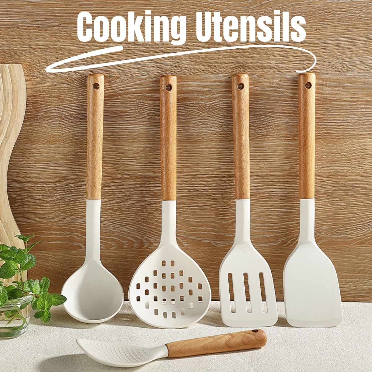 LOCAUPIN Set of Kitchen Essential Tool Silicone Cooking Utensil Wooden ...