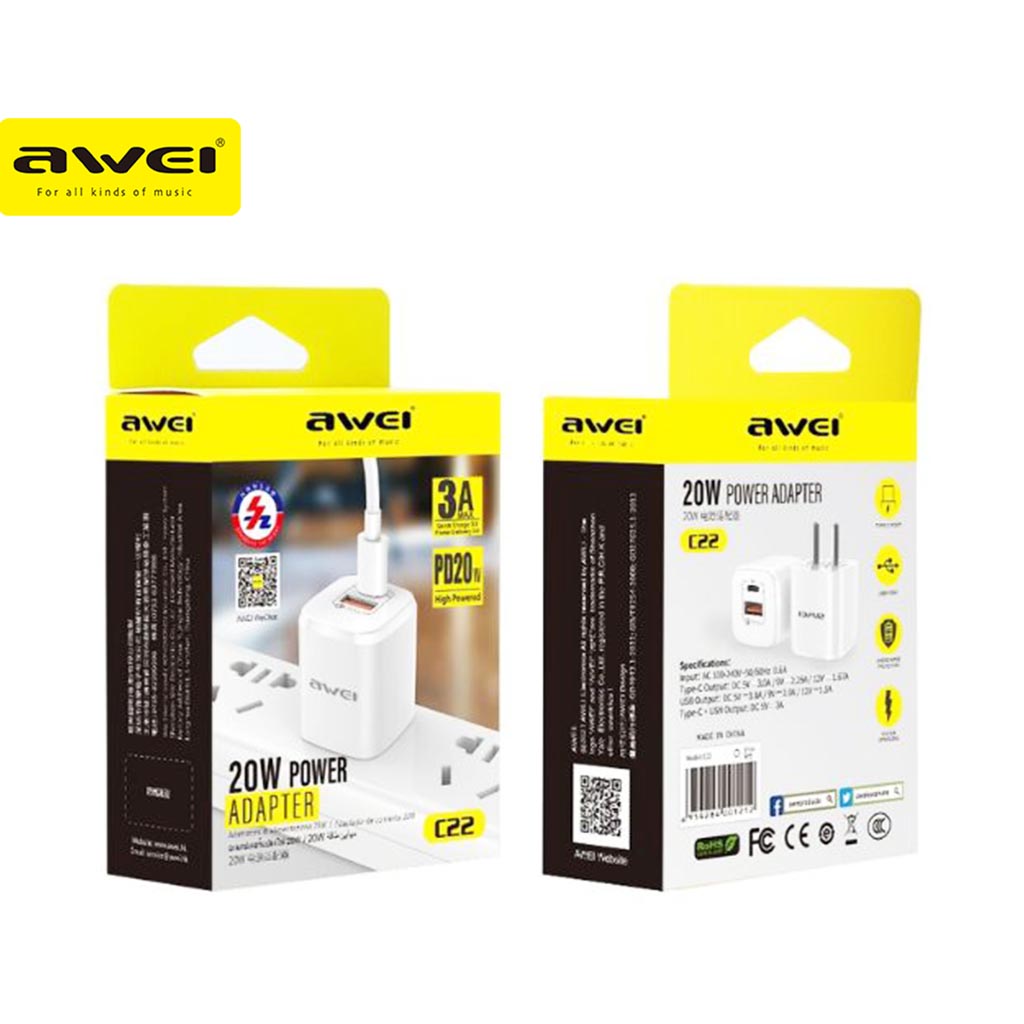 Awei C22 Fast Charger Dual Ports Mini PD 20W Type C Charging US Plug QC ...