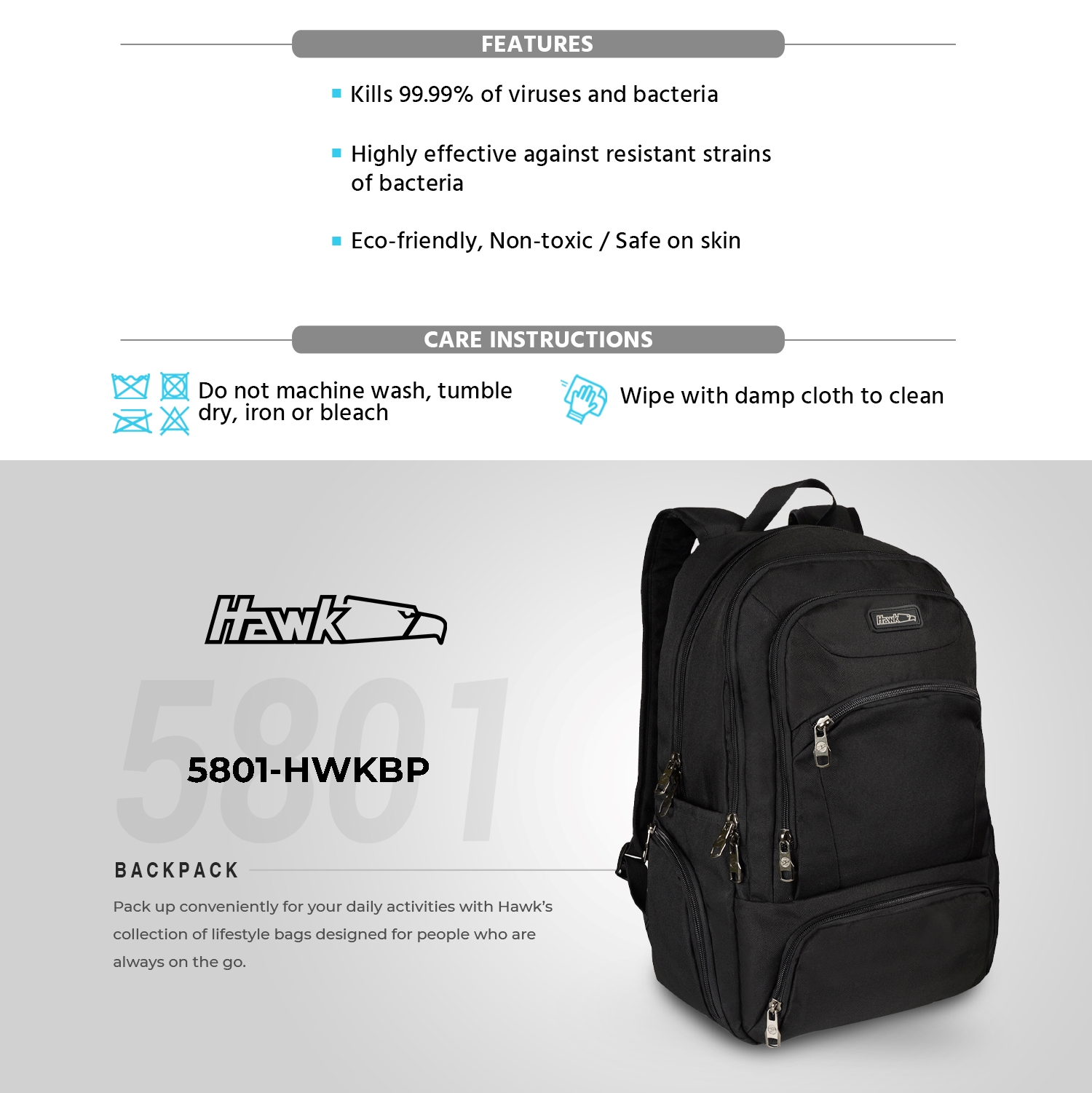 Hawk 5801 Corporate Backpack with VIRUPRO Anti-Microbial Protection ...