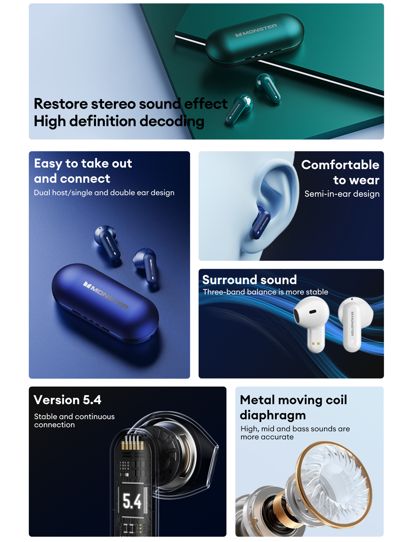 Monster XKT25 BT5.4 Wireless Bluetooth Earbuds Noise Reduction Low ...