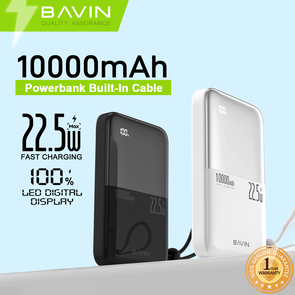 BAVIN PC1077 Mini Slim Fast Charging Powerbank 10000mAh 22.5W w/ Built-In LED Display & Cable ...
