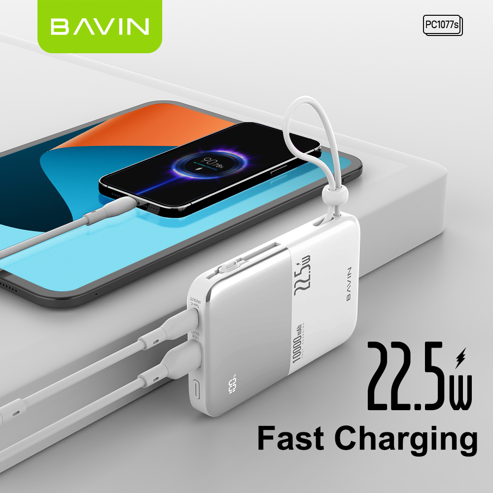 BAVIN PC1077 Mini Slim Fast Charging Powerbank 10000mAh 22.5W w/ Built-In LED Display & Cable ...