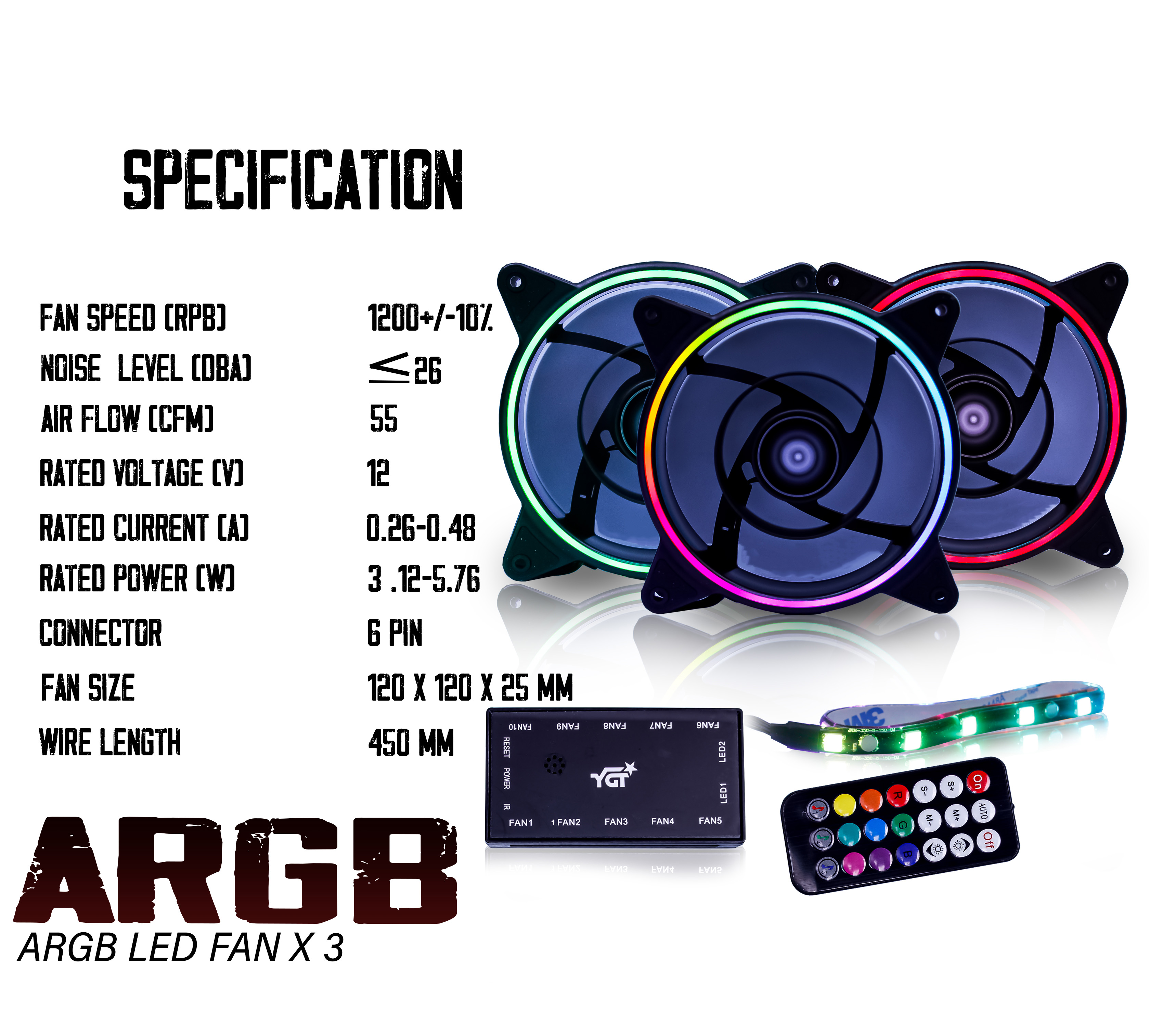 YGT 1250 3In1 ARGB Case Fan 120mm 6 Pin Silent Computer PC Fan With ...