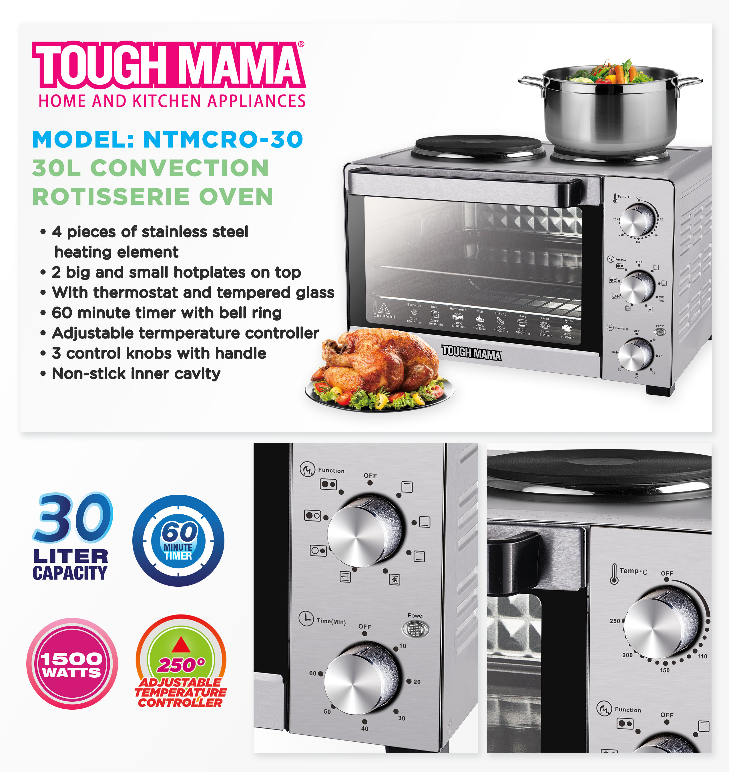 Tough Mama NTMCRO-30 Convection Rotisserie Oven Timer Stainless Steel ...