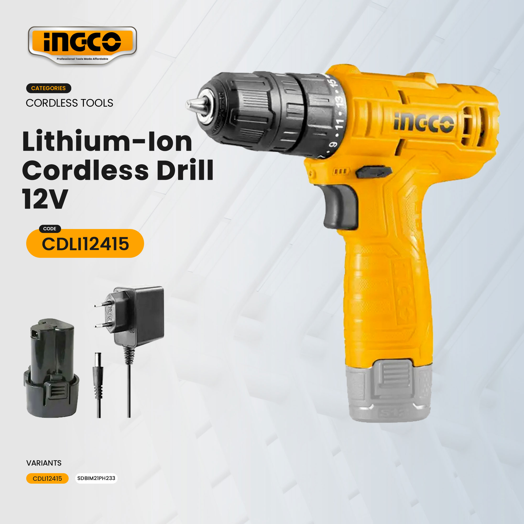 Ingco 12V 1.3Ah Lithium-Ion Cordless Drill CDLI12415 | 12V 1.5Ah ...