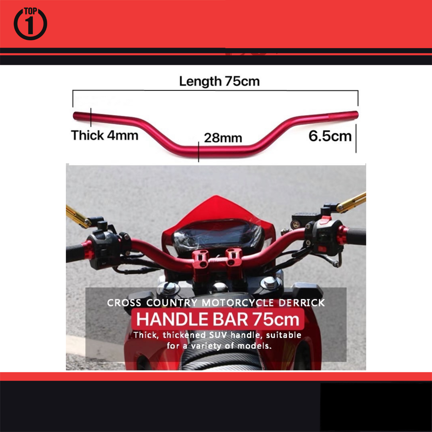 Top1 Motors 1set CNC Alloy 4MM+28MM 75cm Handle Bar Riser Bar Universal ...