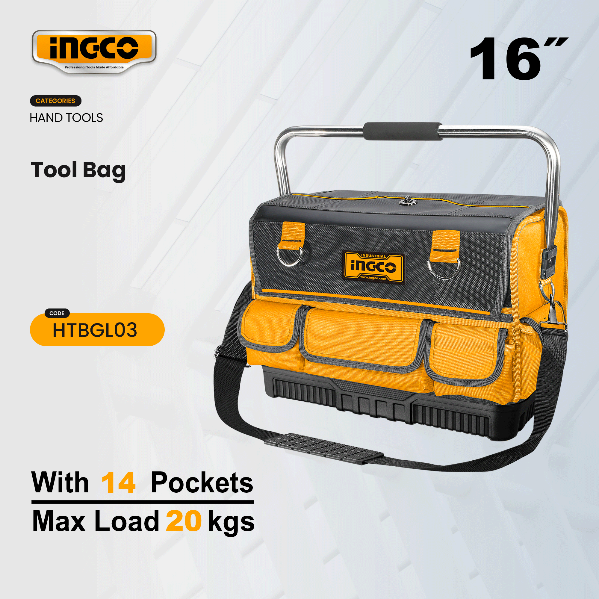 Ingco Tools Bag with 14pcs pockets Strong steel handle and plastic base ...