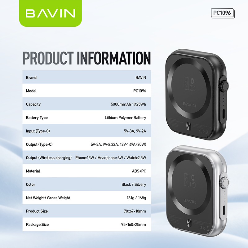 BAVIN PC1096 5000mAh 3 in 1 Magnetic Wireless for Powerbank/Smart Watch ...