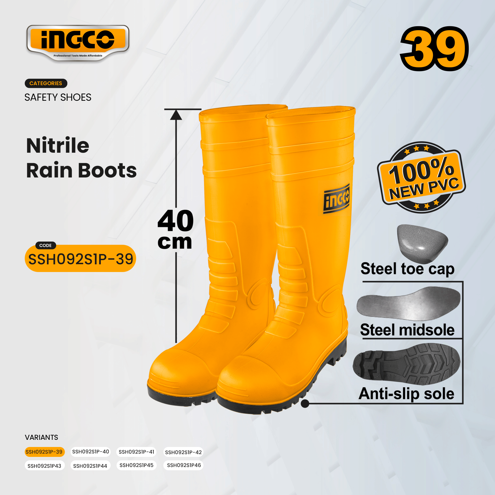 Ingco PVC / Nitrile Rain Boots 39-46 SOLD PER PAIR SSH092S1P IHT ...