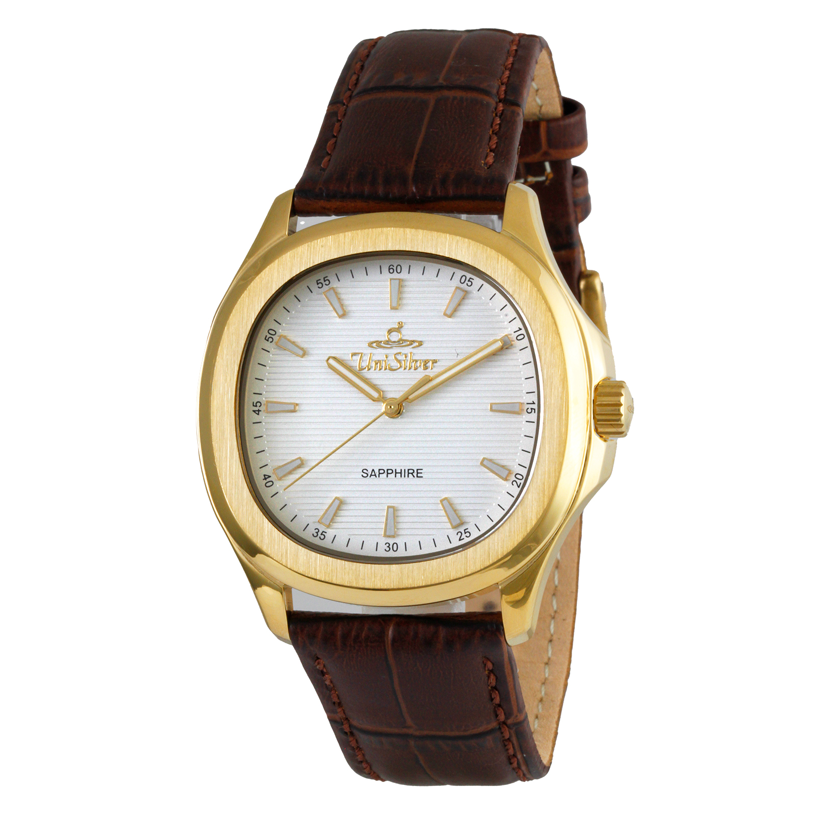 UniSilver TIME Men's Brown / White / Gold Sapphire Glass Leather watch ...