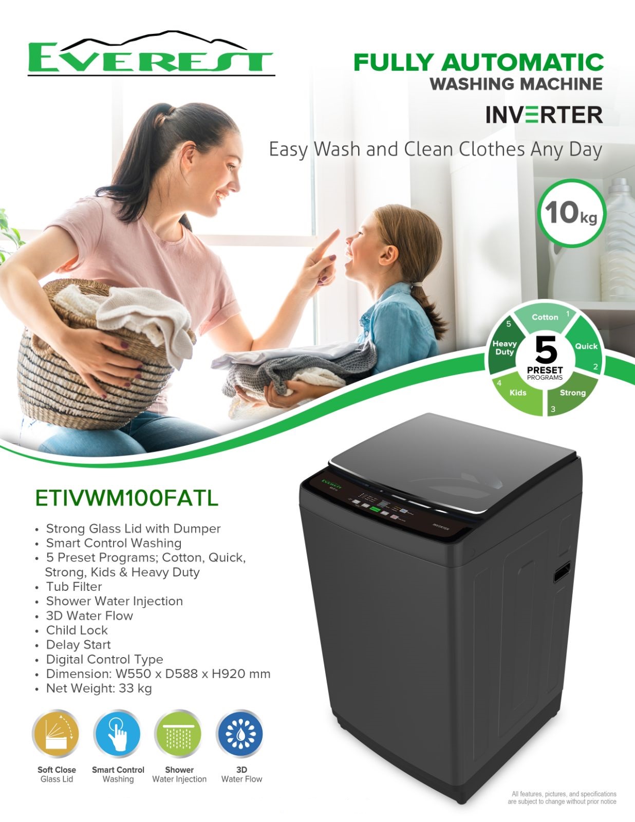 EVEREST 10kg Fully Automatic Inverter Washing Machine/ 5 Present ...