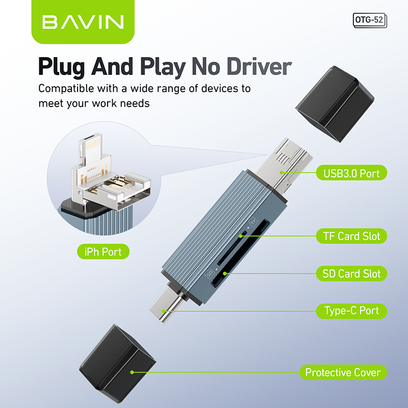 BAVIN O52 Multi-Function Card Reader 3 in 1 Type-C to USB 3.0 + iPh ...
