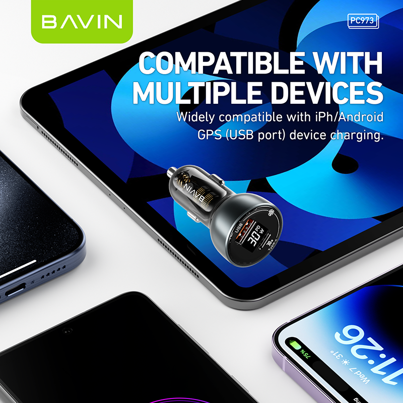 BAVIN PC973 30W PD Fast Charging Car Charger PD+QC3.0 USB Port Built-In LED Display for Type-C ...