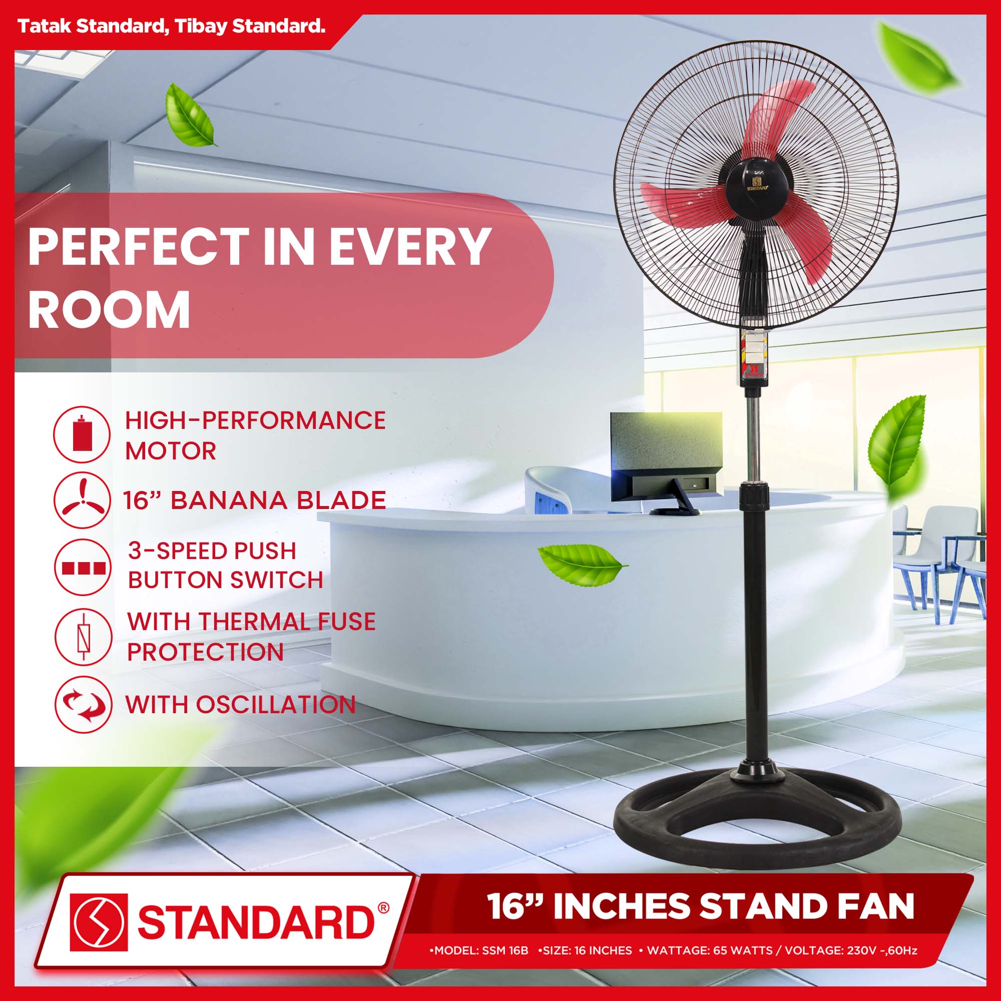 Standard Stand Fan with Thermal Fuse Protection 16 Inches 65W (SSM16B ...