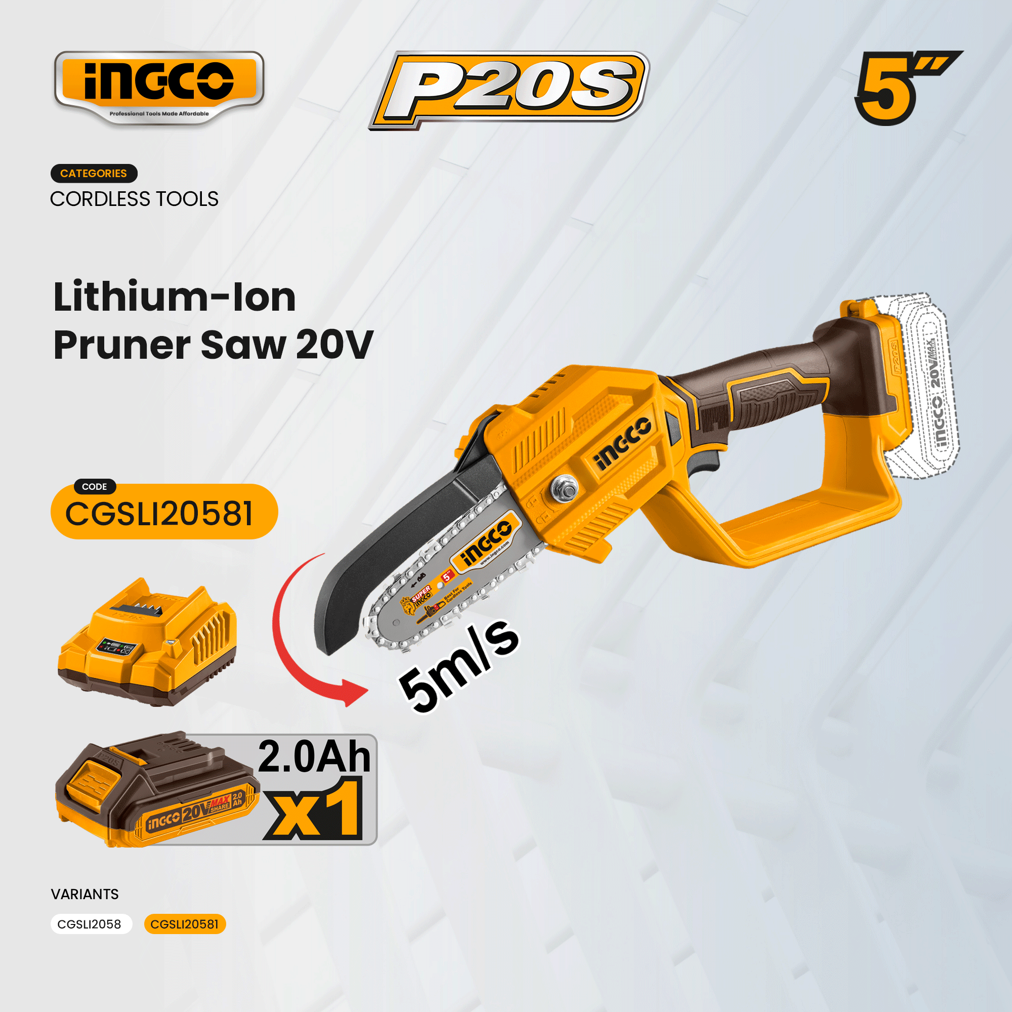 Ingco 20V Lithium-Ion Cordless Pruner Saw 5" Inch for Tree Trimming ...